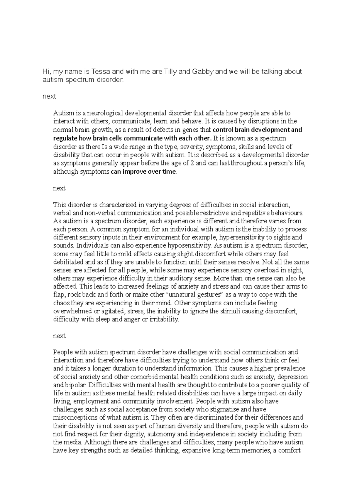 Autism Speech - Hi, my name is Tessa and with me are Tilly and Gabby ...