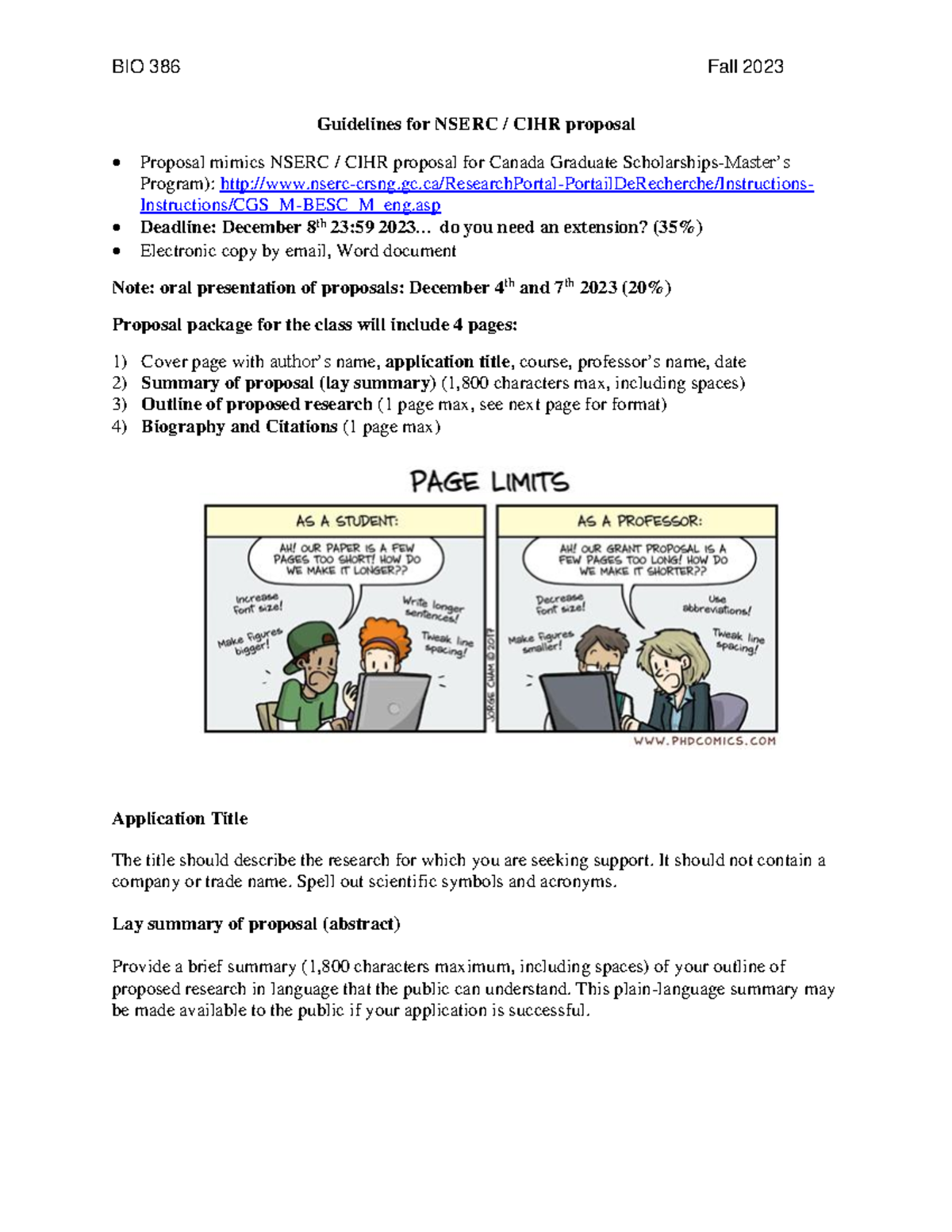 Guidelines for Nserc CIHR proposal 2023 - BIO 386 Fall 20 23 Guidelines ...