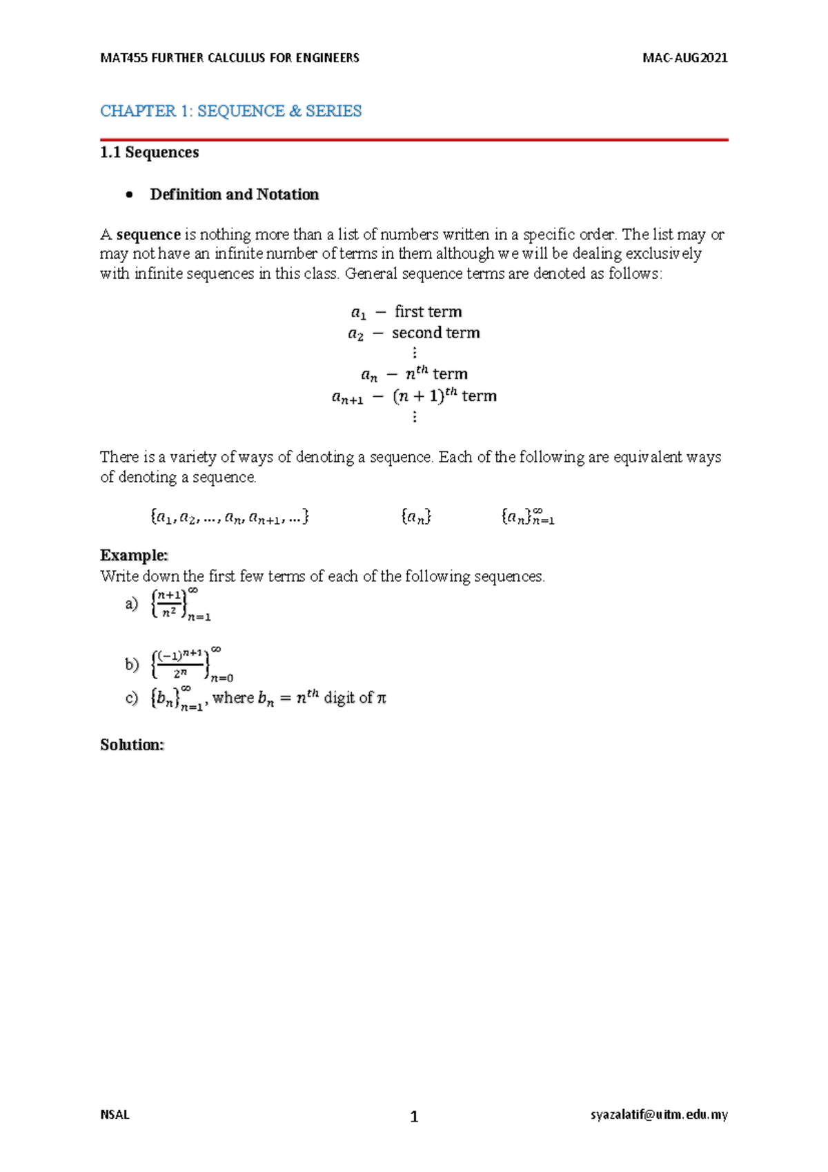 Lecture Note Week 1 MAT455 - CHAPTER 1: SEQUENCE & SERIES 1 Sequences ...