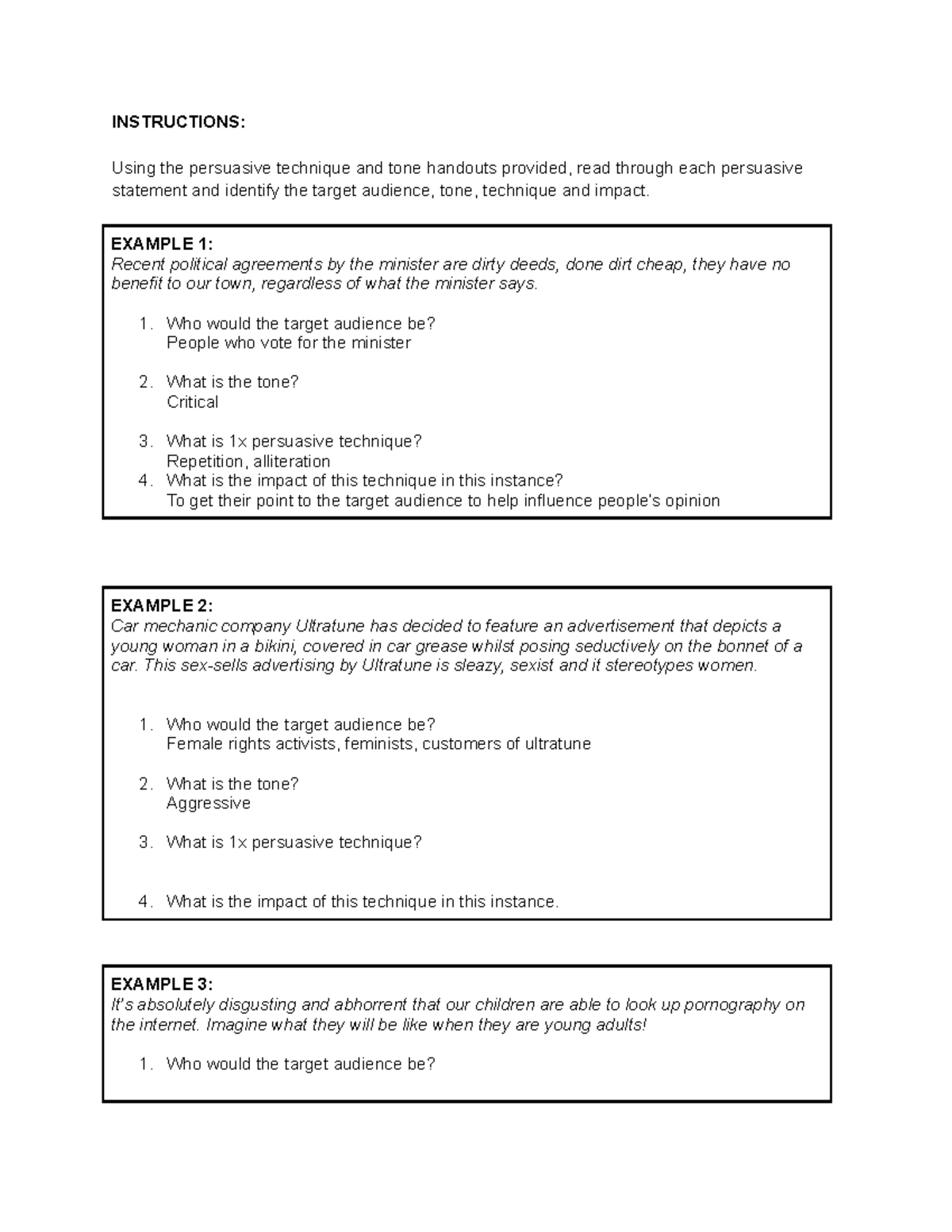 Introduction activity - persuasive techniques and tone - INSTRUCTIONS ...