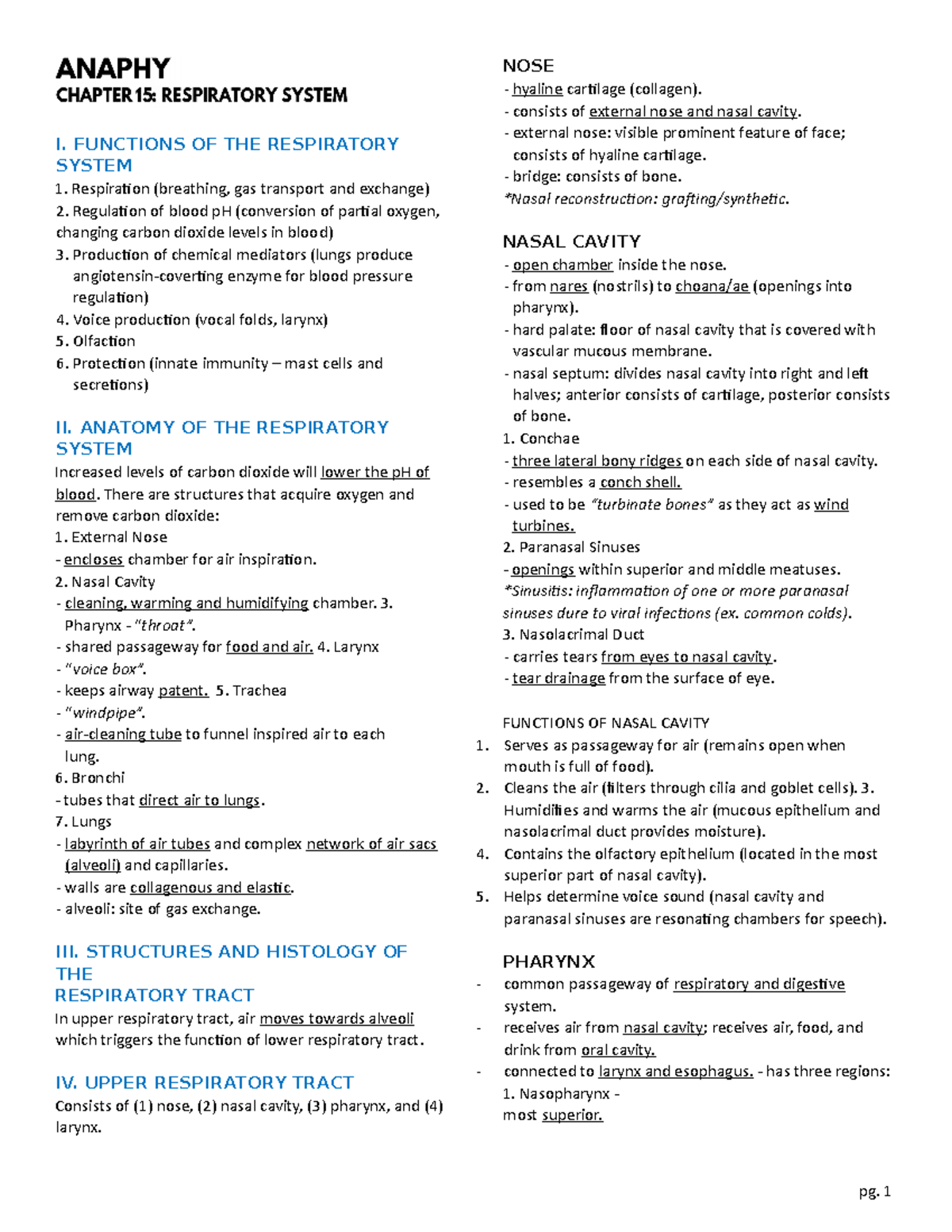 Chapter 15 Respiratory System Ana Phy - I. FUNCTIONS OF THE RESPIRATORY ...