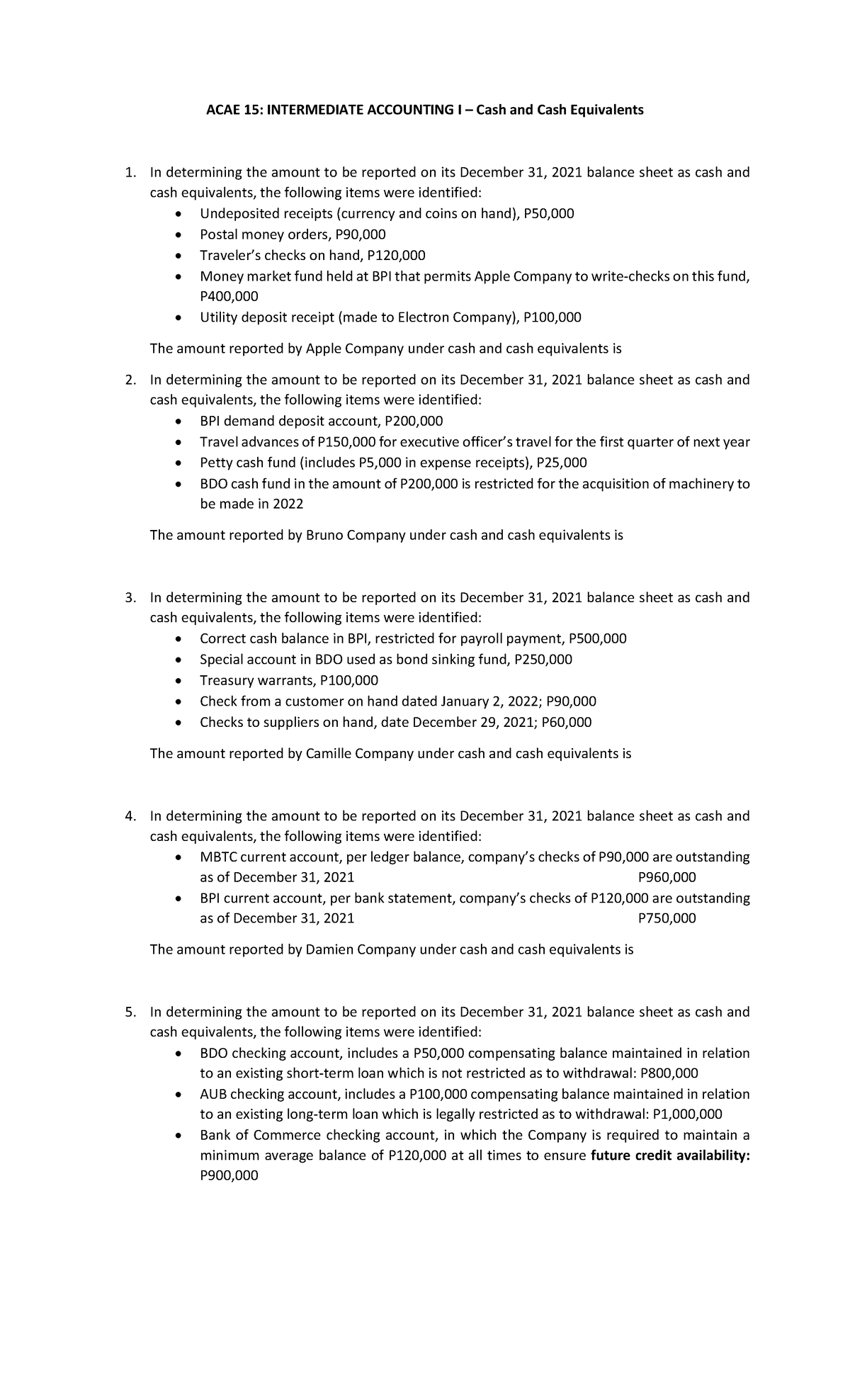 Cash and Cash Equivalents Additional Problems - ACAE 15: INTERMEDIATE ...