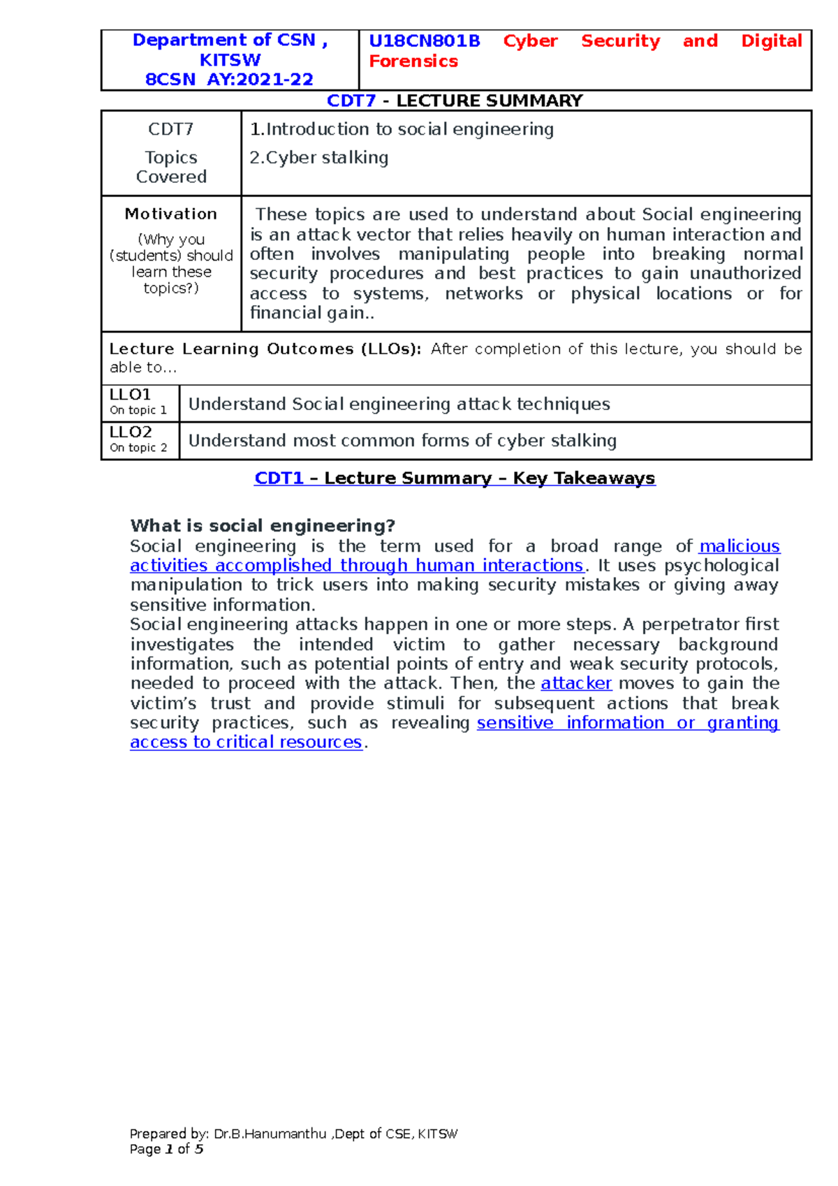 CSDF week3 CDT7 - Nbcddd - KITSW 8CSN AY:2021- Forensics CDT7 - LECTURE SUMMARY CDT Topics ...