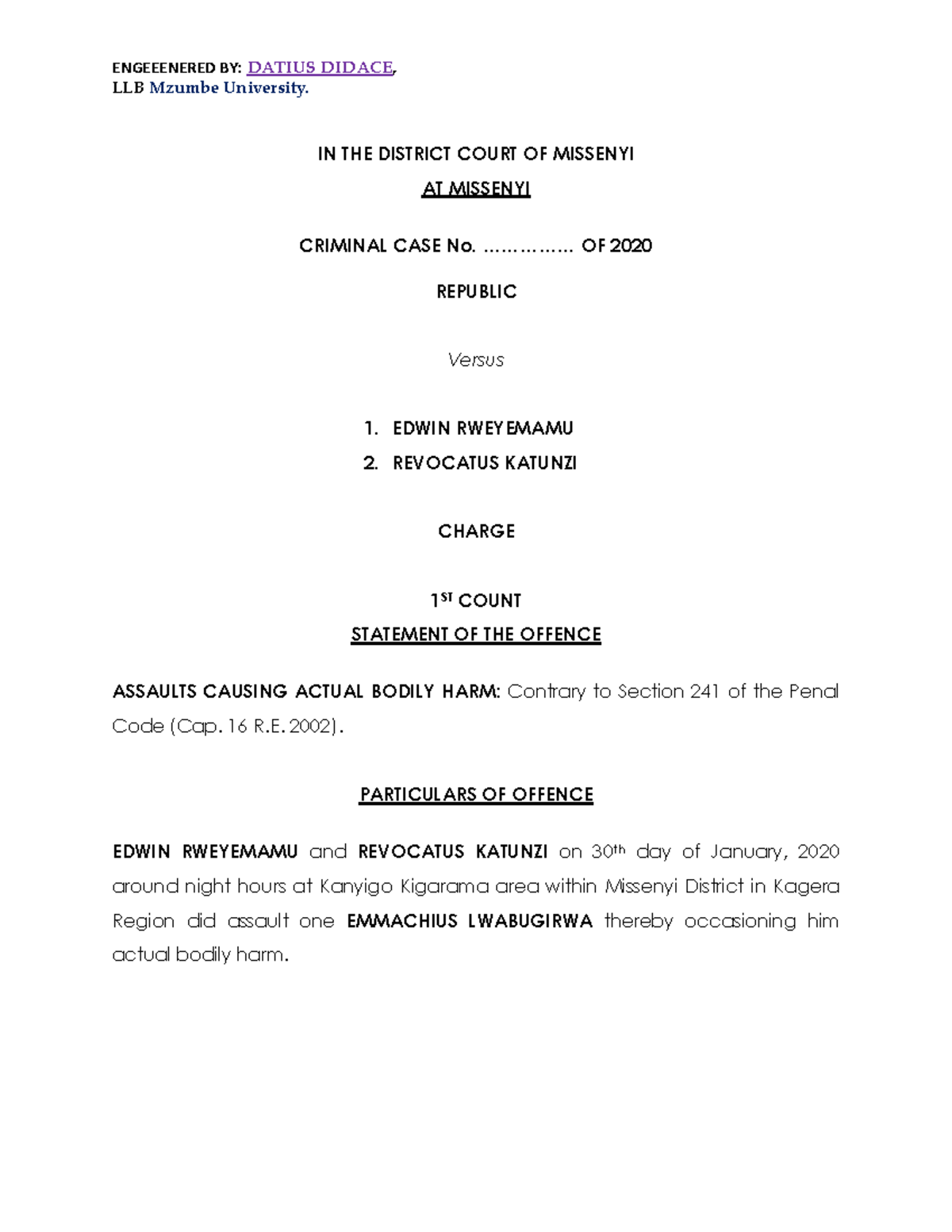 A Sample OF Charge Sheet WITH MORE THAN - ENGEEENERED BY: DATIUS DIDACE ...