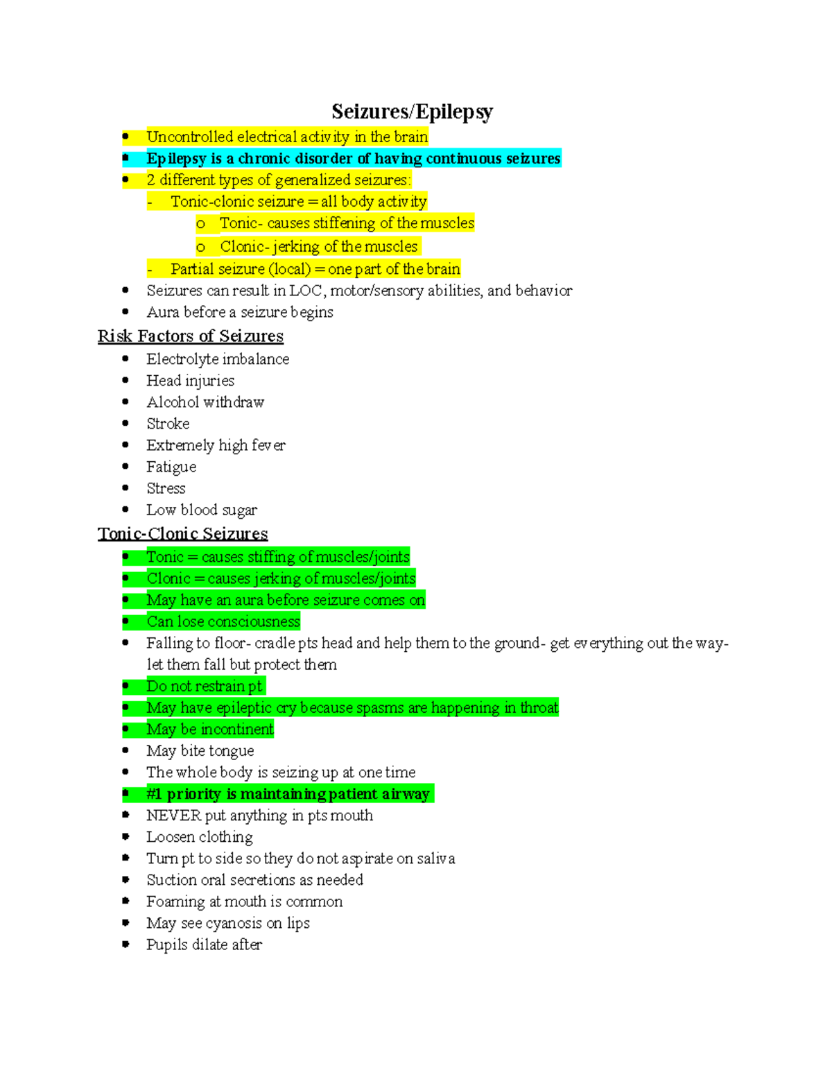 Chap 39 Seizure EXAM Review - Seizures/Epilepsy Uncontrolled electrical ...