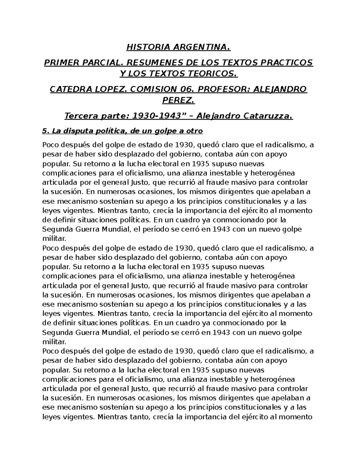 Resumen Cattaruzza - HISTORIA ARGENTINA. PRIMER PARCIAL. RESUMENES DE ...