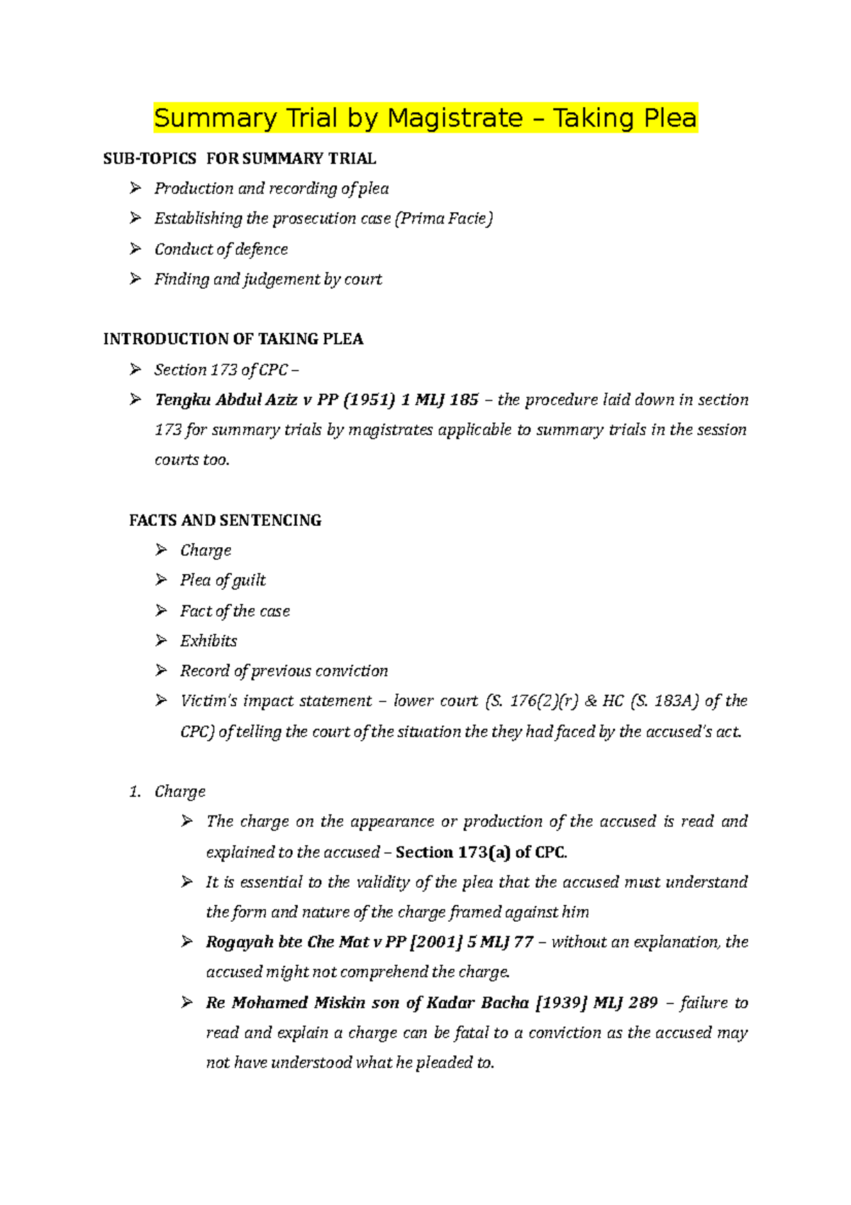 Taking of the plea and other Pre-Trial Processes - Summary Trial by ...