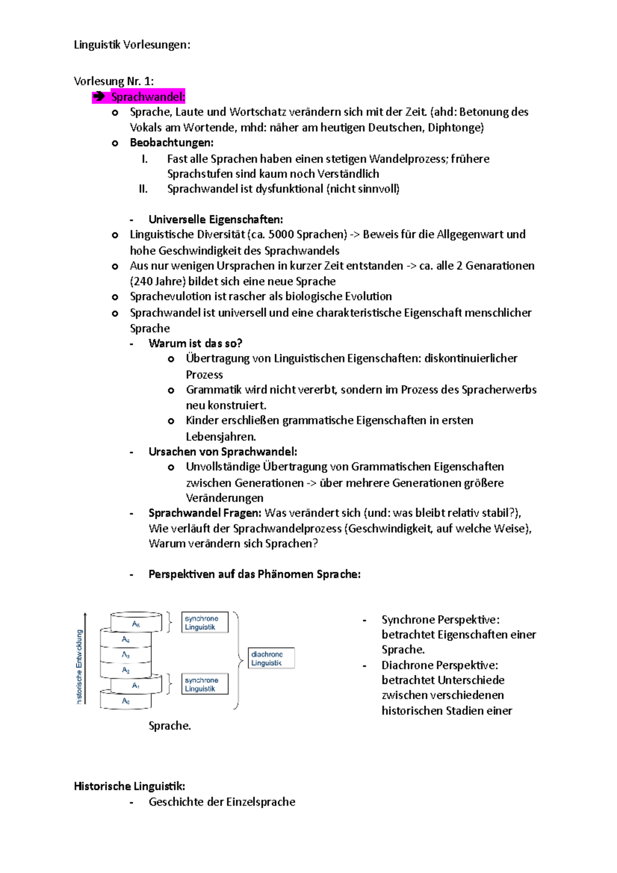 Linguistik - Zusammenfassung - Vorlesung Nr. 1: Sprachwandel: o Sprache ...