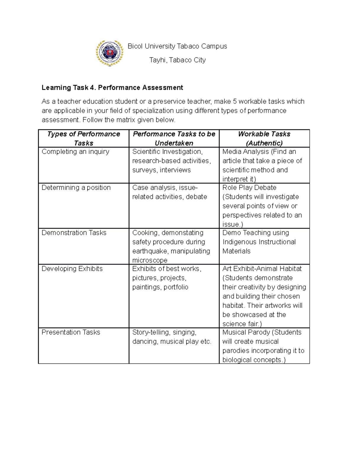 Learning Task. Performance Assessments - Education - Studocu