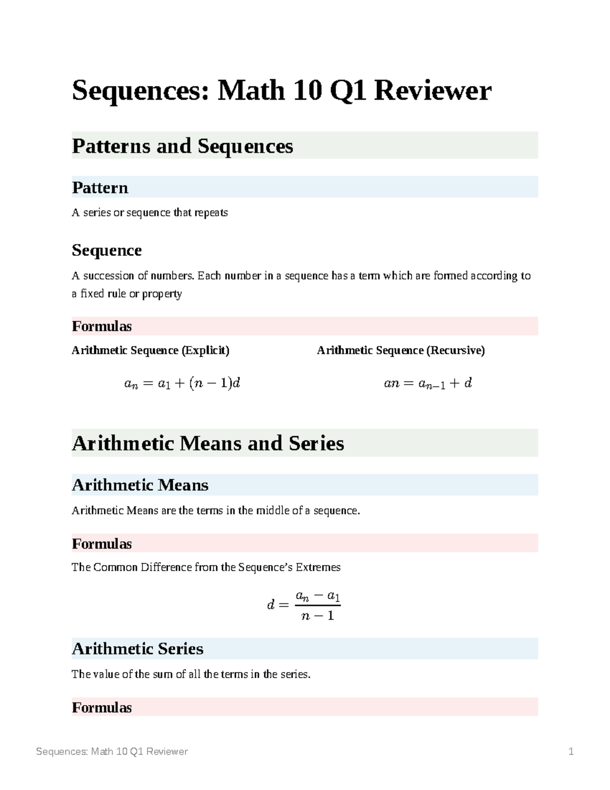 Sequences Math 10 Q1 - notes - Sequences: Math 10 Q1 Reviewer Patterns ...