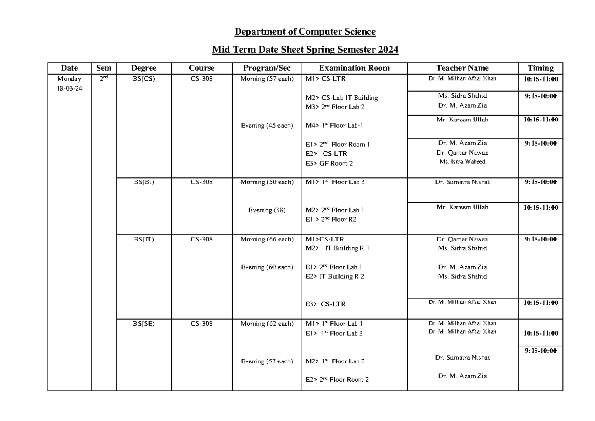 Updated BS Program Final Term Exam Date Sheet Spring 2024 - Department of Computer Science Mid ...