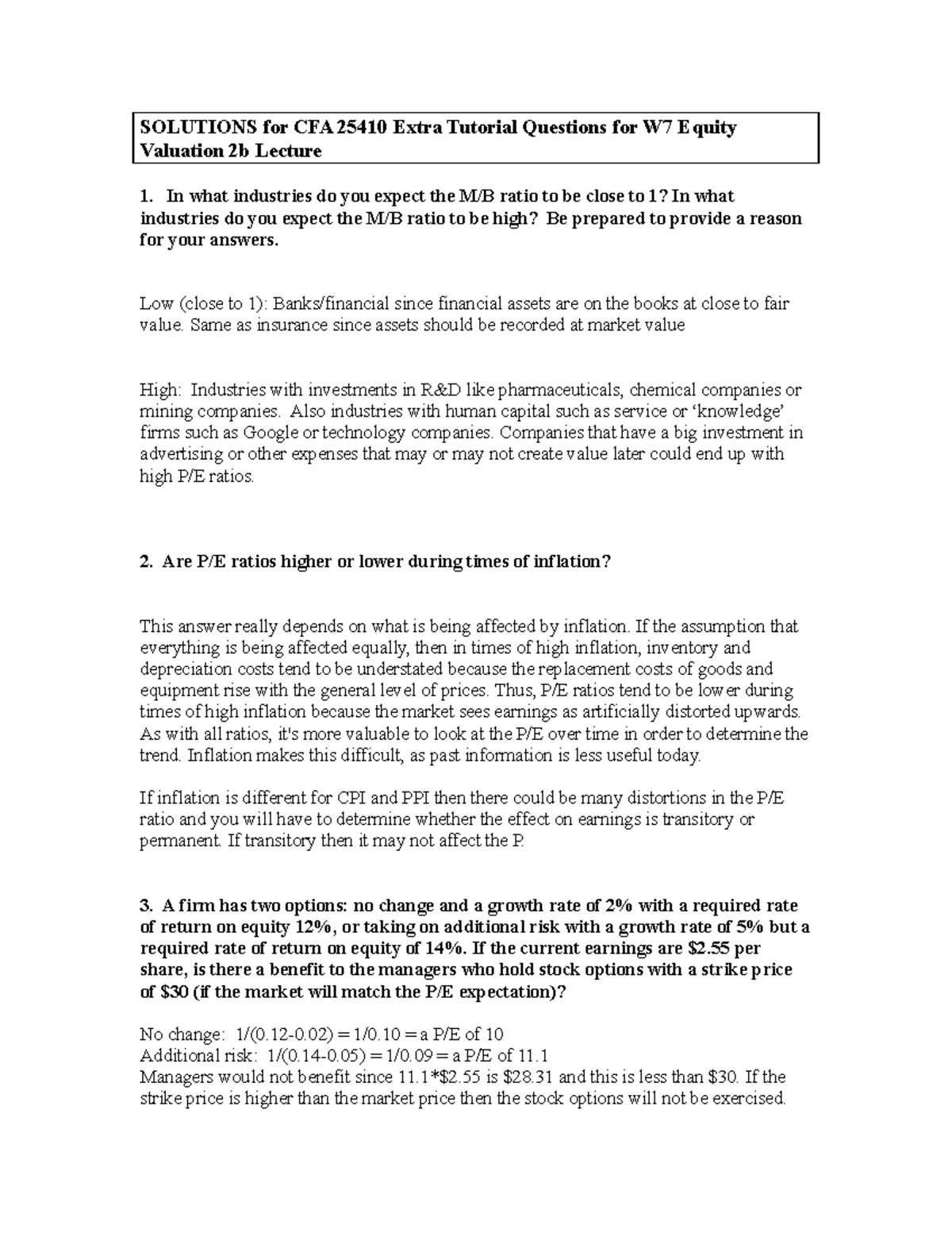 25410 CFA extratutorialsolutions W7 Valuation 2b lecture - SOLUTIONS for CFA 25410 Extra ...