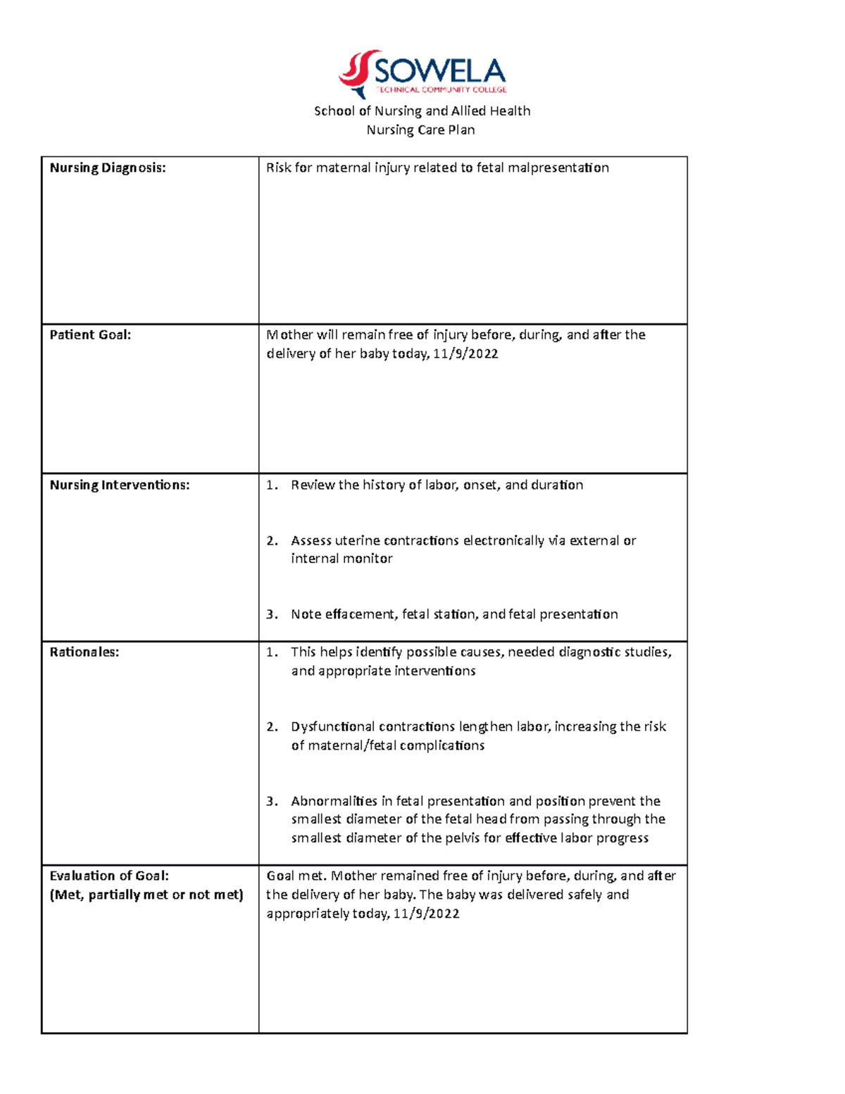 Risk for maternal injury care plan - School of Nursing and Allied ...