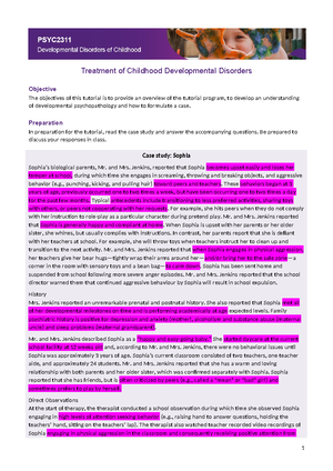 PSYC2311 Tutorial Worksheet - Disorders of early development 23a ...