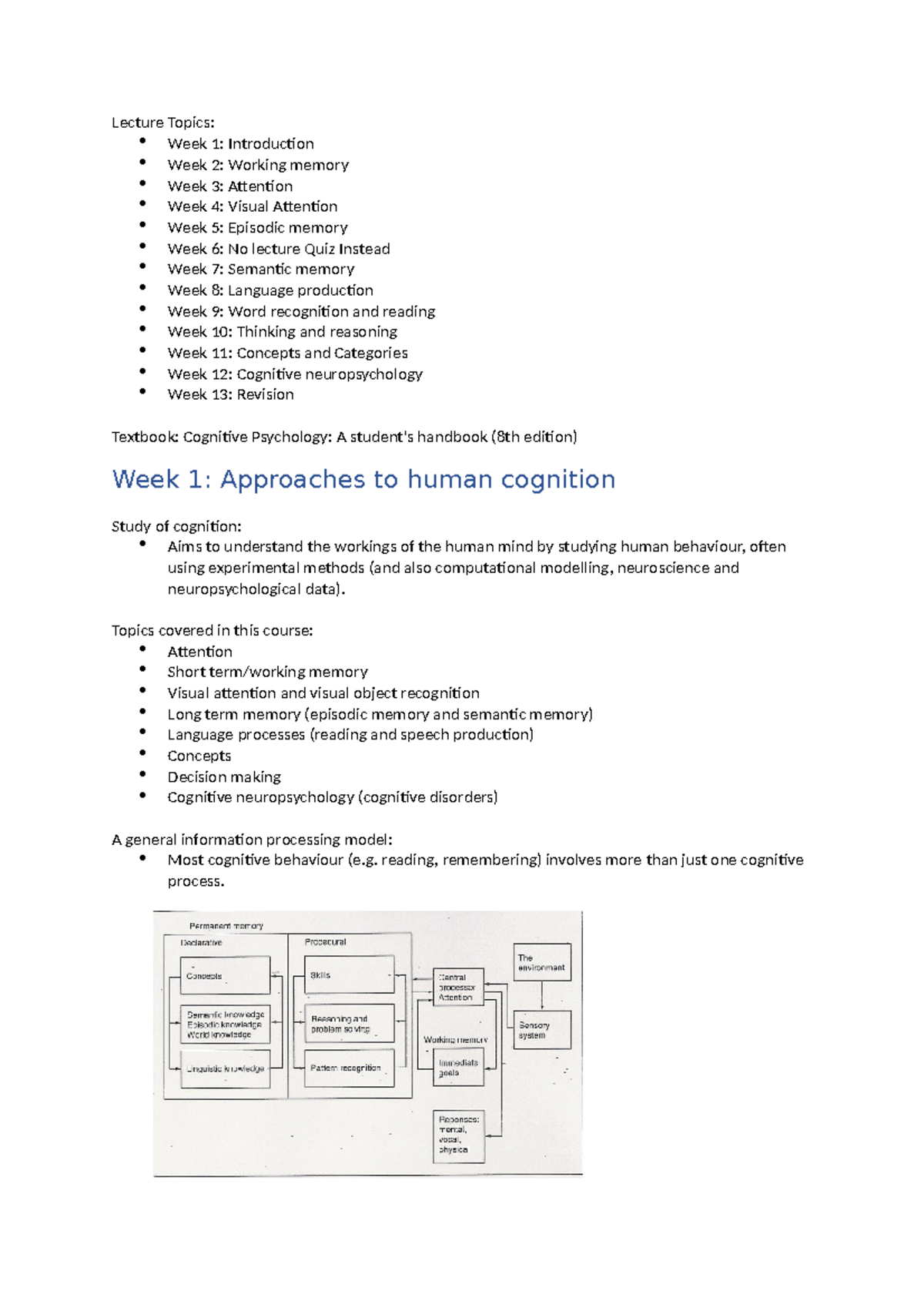 Cognitive mid sem exam notes - Lecture Topics: Week 1: Introduction ...