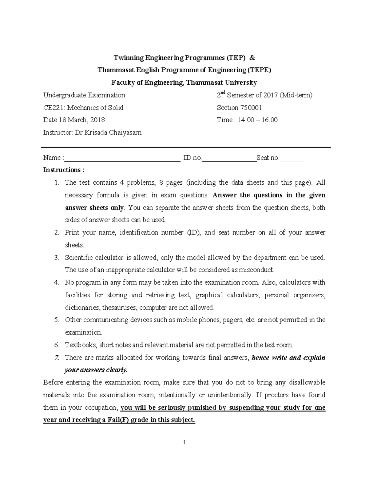 Midterm exam 12 May 2010, questions and answers - " Twinning Engineering Programmes (TEP) - Studocu