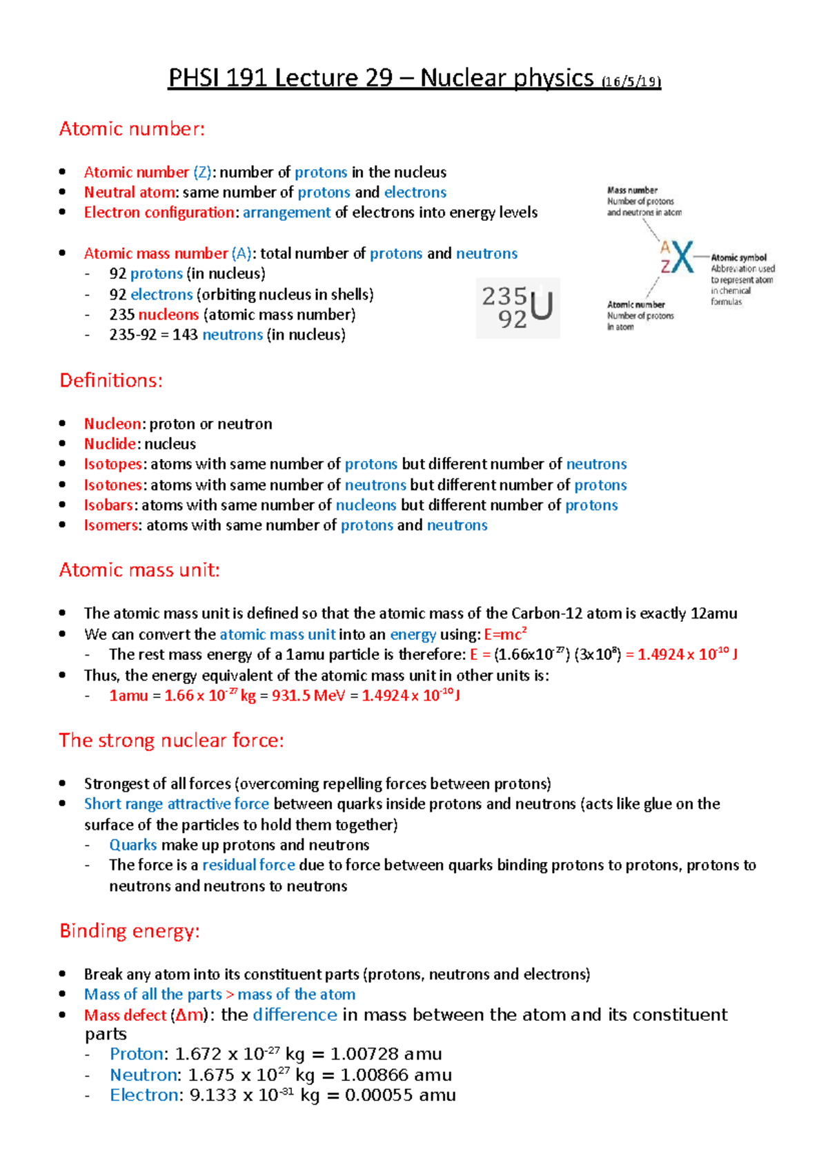 PHSI 191 Lecture 29 - PHSI191 - PHSI 191 Lecture 29 – Nuclear physics (16/5/19) Atomic number ...