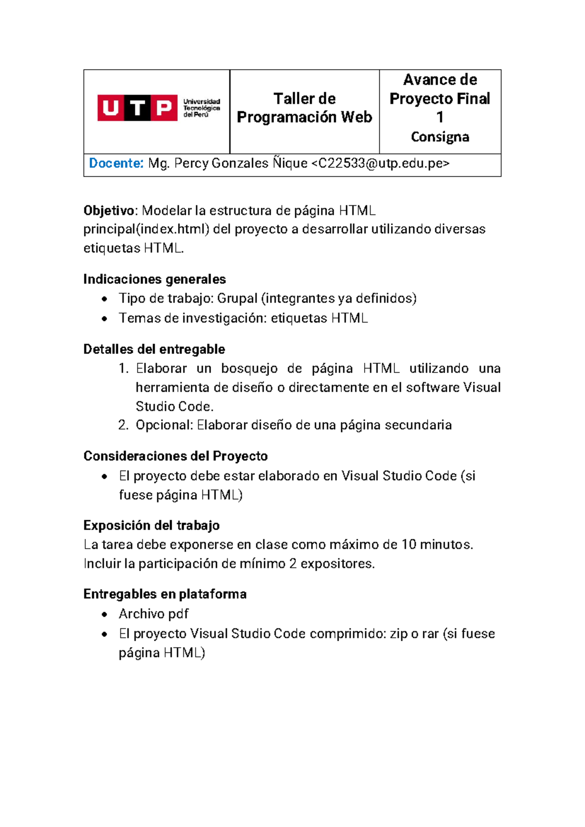 APF1 - avance 1 formato - Taller de Programación Web Avance de Proyecto Final 1 Consigna Docente ...