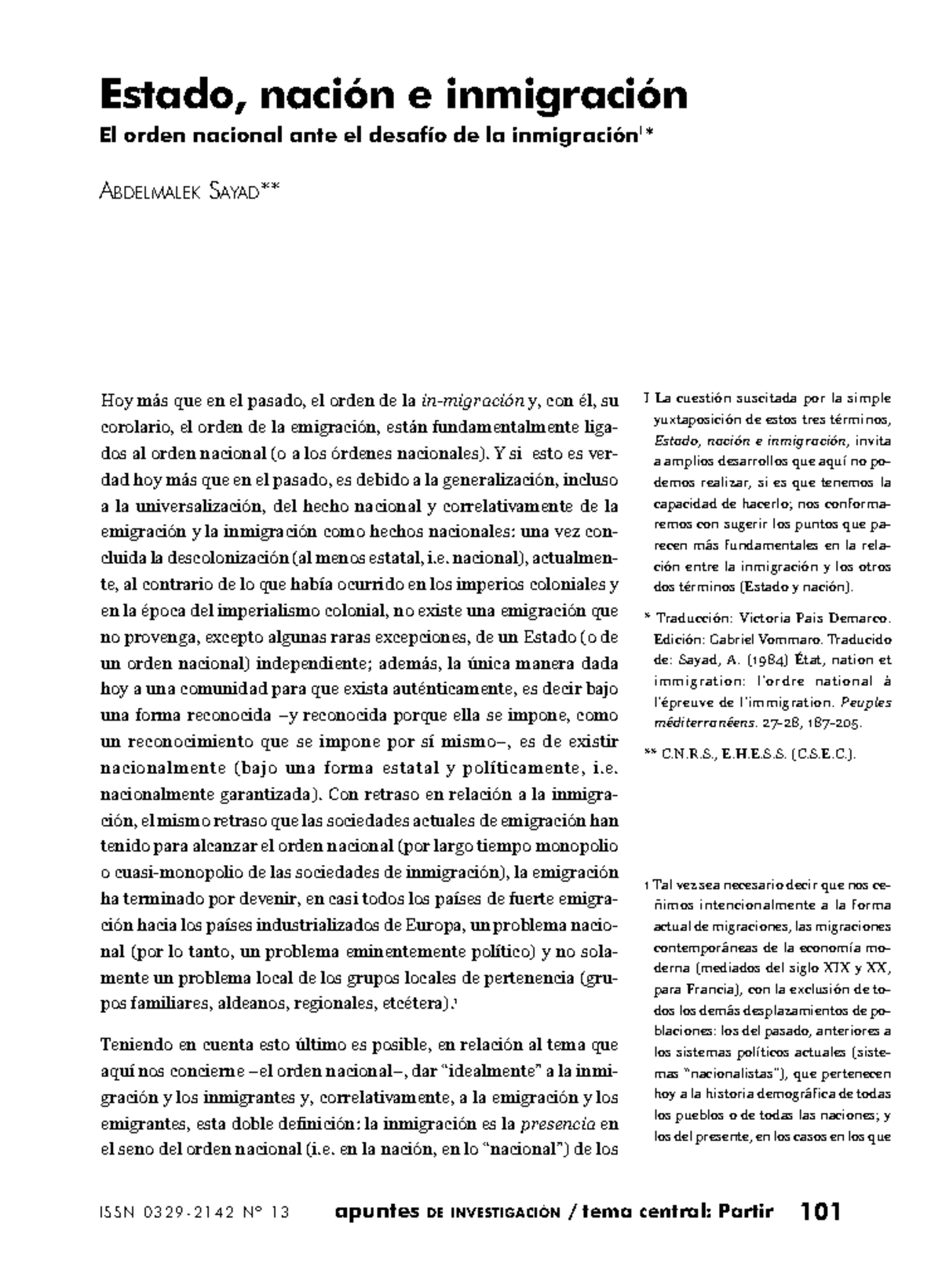 Sayad - Estado, Nación e inmigración - I S S N 0 3 2 9 - 2 1 4 2 N º 1 ...