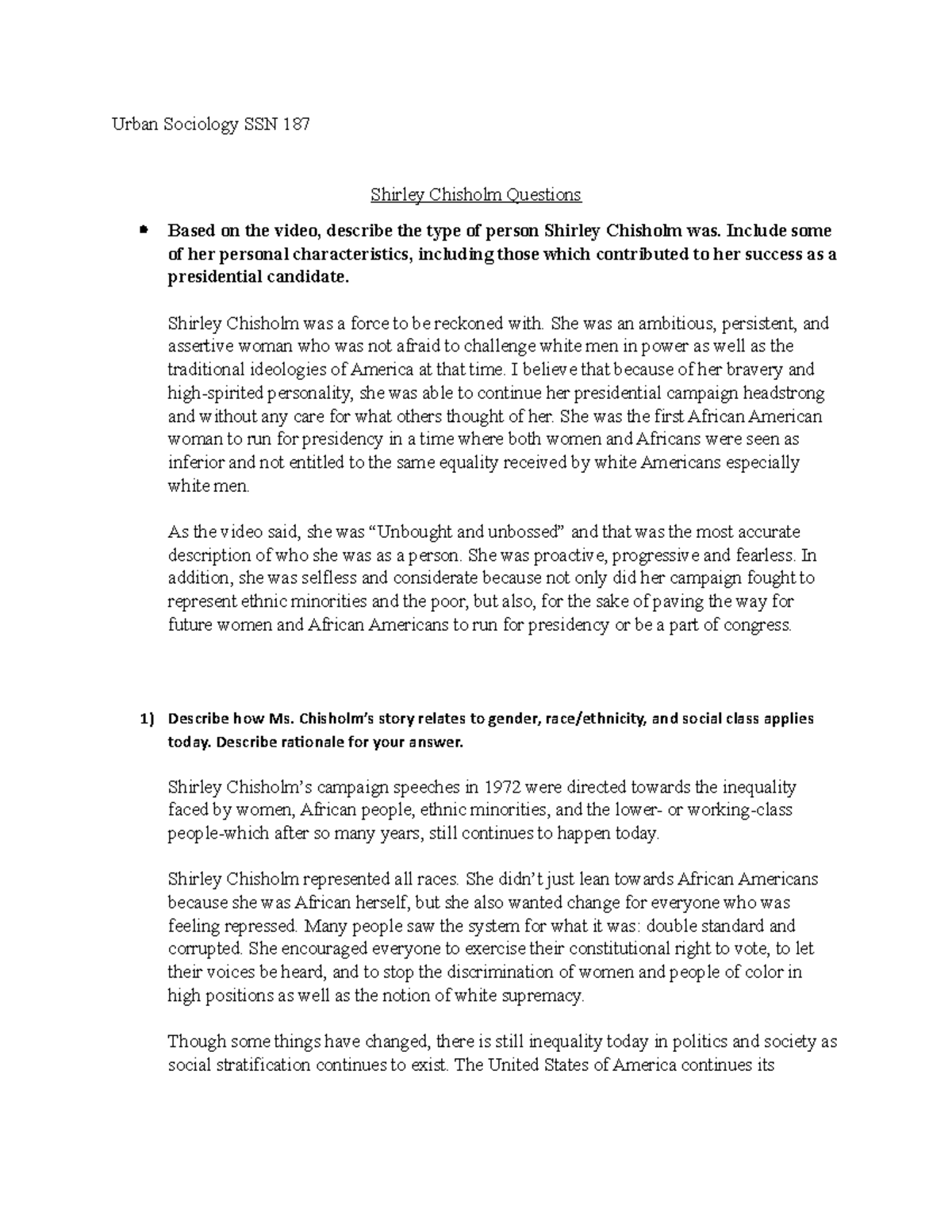 Shirley Chisholm Questions - ENG 102 - LaGuardia - Studocu