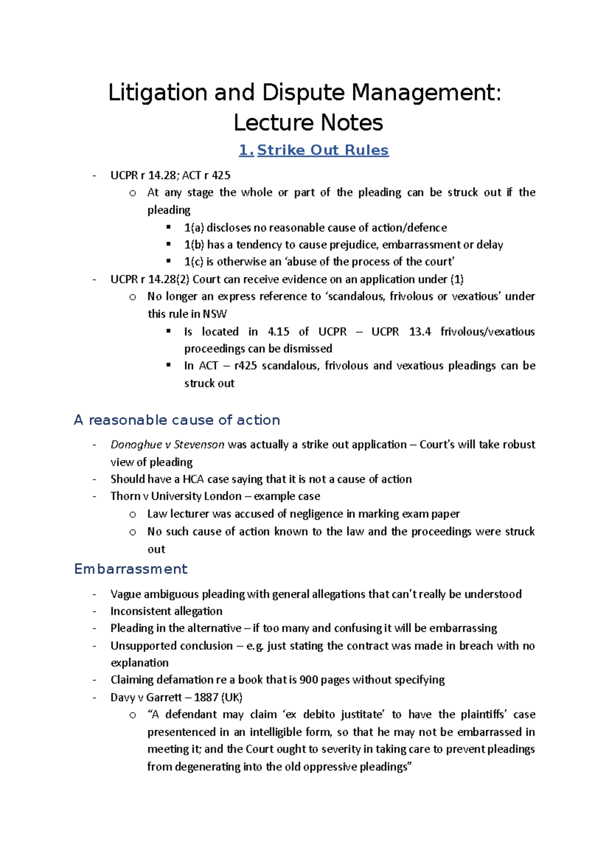 Lecture Notes - Litigation and Dispute Management: Lecture Notes 1 ...