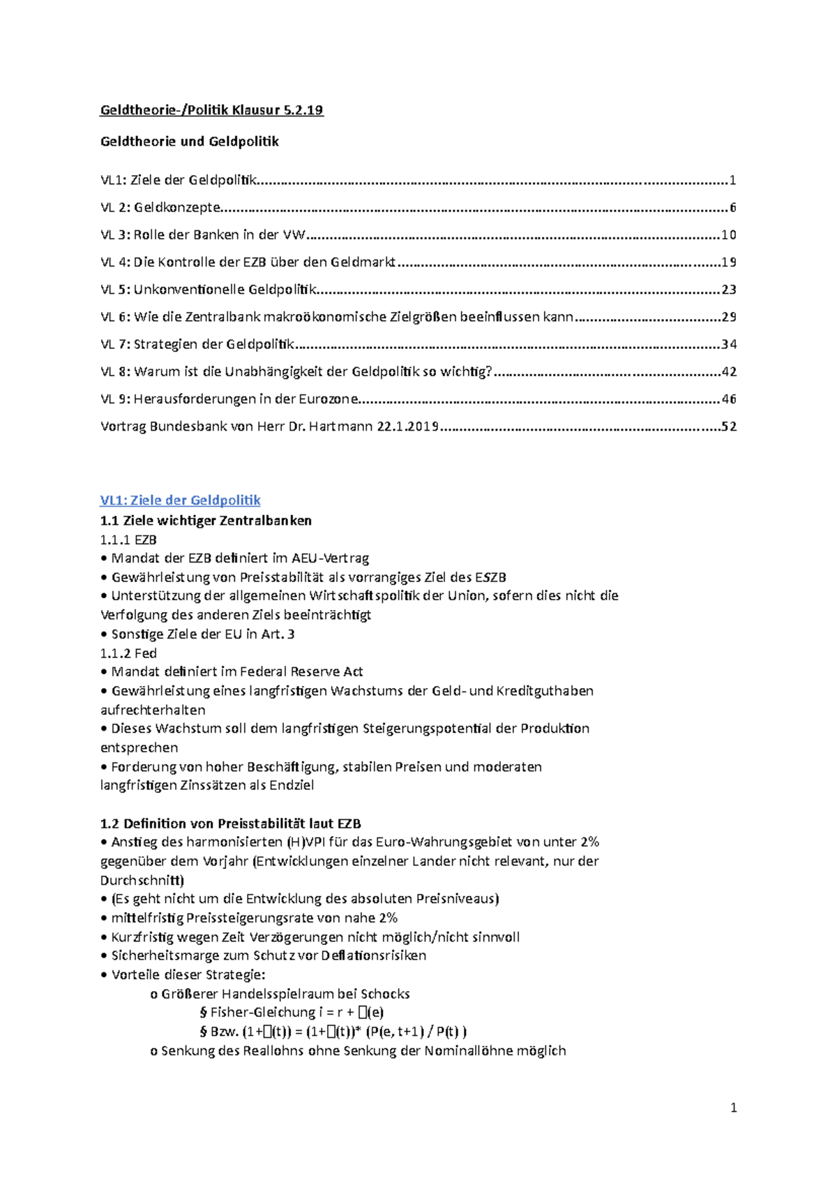 Zusammenfassung Geldtheorie und Geldpolitik - Klausur 5.2 Geldtheorie und Geldpolitik VL1: Ziele ...