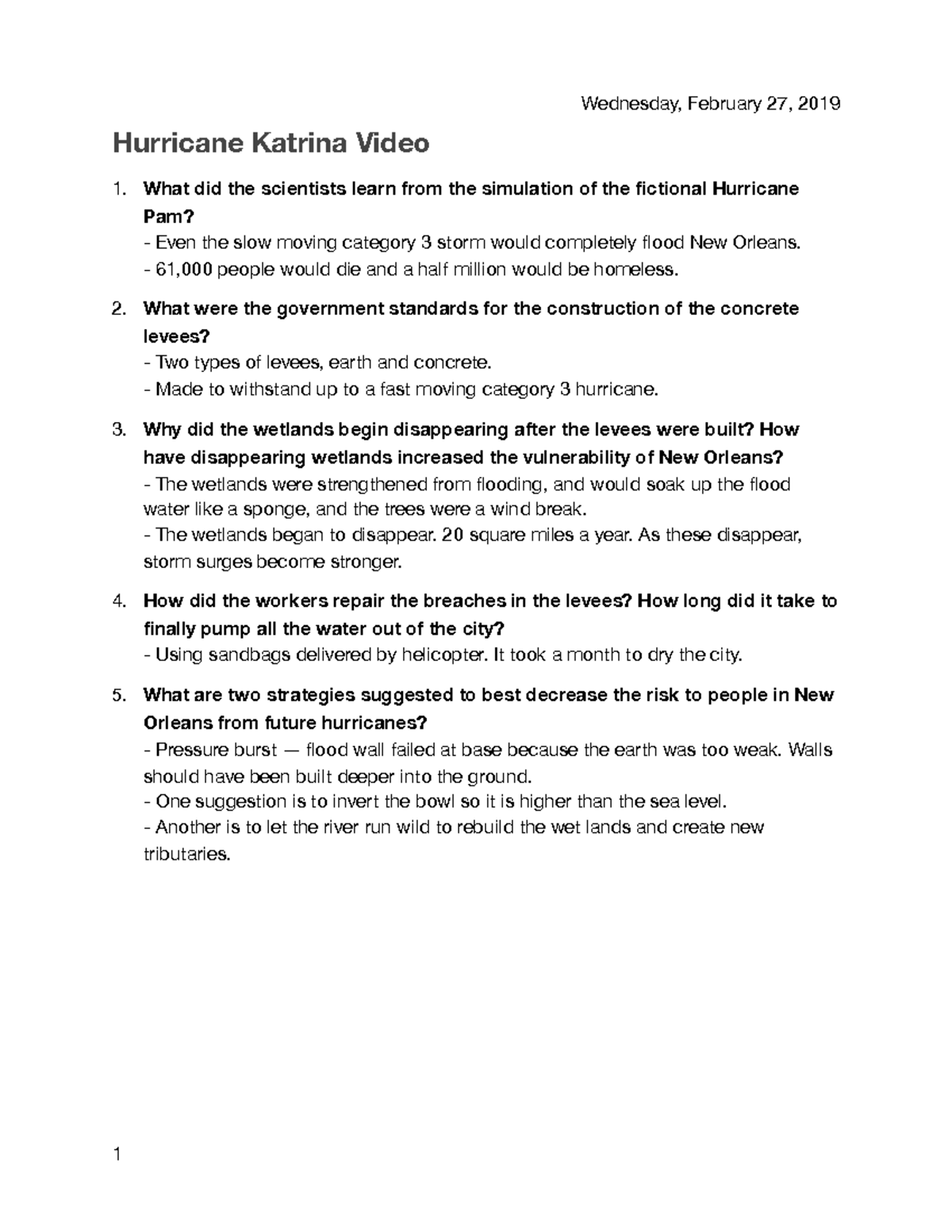 Hurricane Katrina - Reading Notes - Wednesday, February 27, 2019 ...