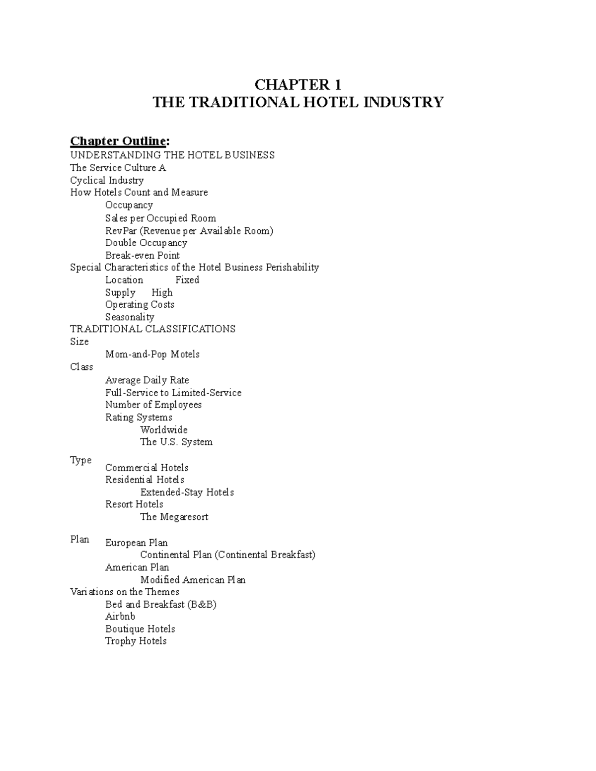 Chapter 1 Traditional Hotel Industry Outline and Key Terms - CHAPTER 1 ...