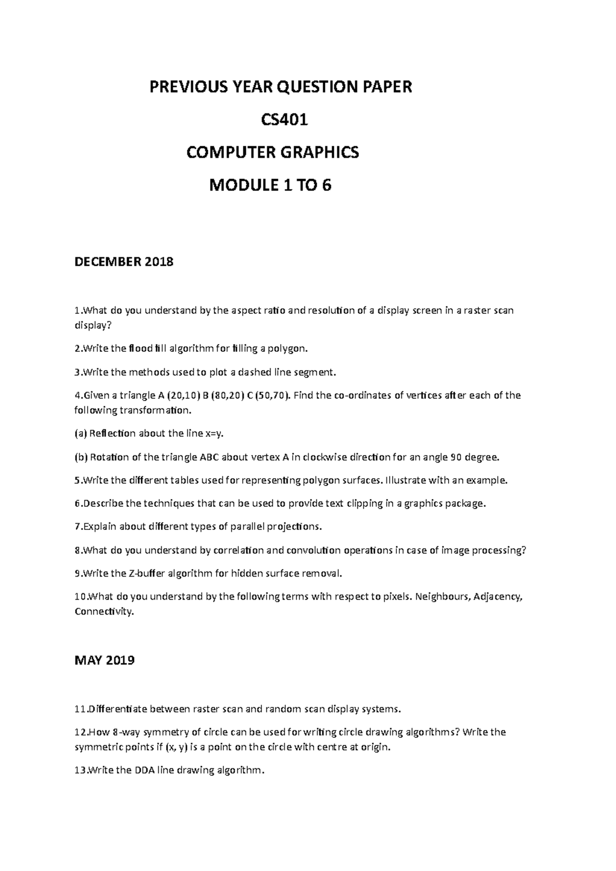 Cs401 Cg Prev Qp M1 M6 Computer Graphics Previous Year Question Paper Module 1 To Module 6