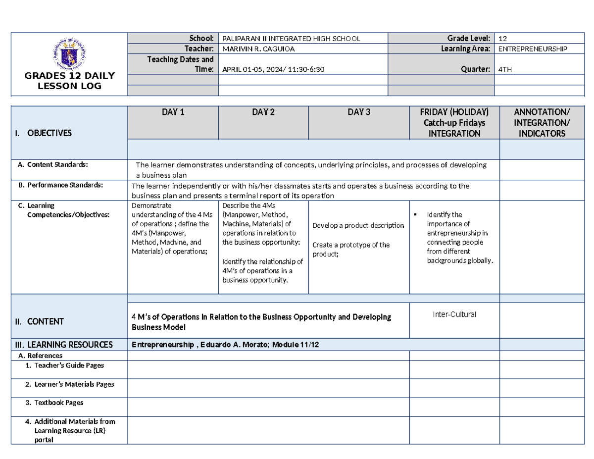 Q2 - Week 1 Entrep- April 1-5 - GRADES 12 DAILY LESSON LOG School ...