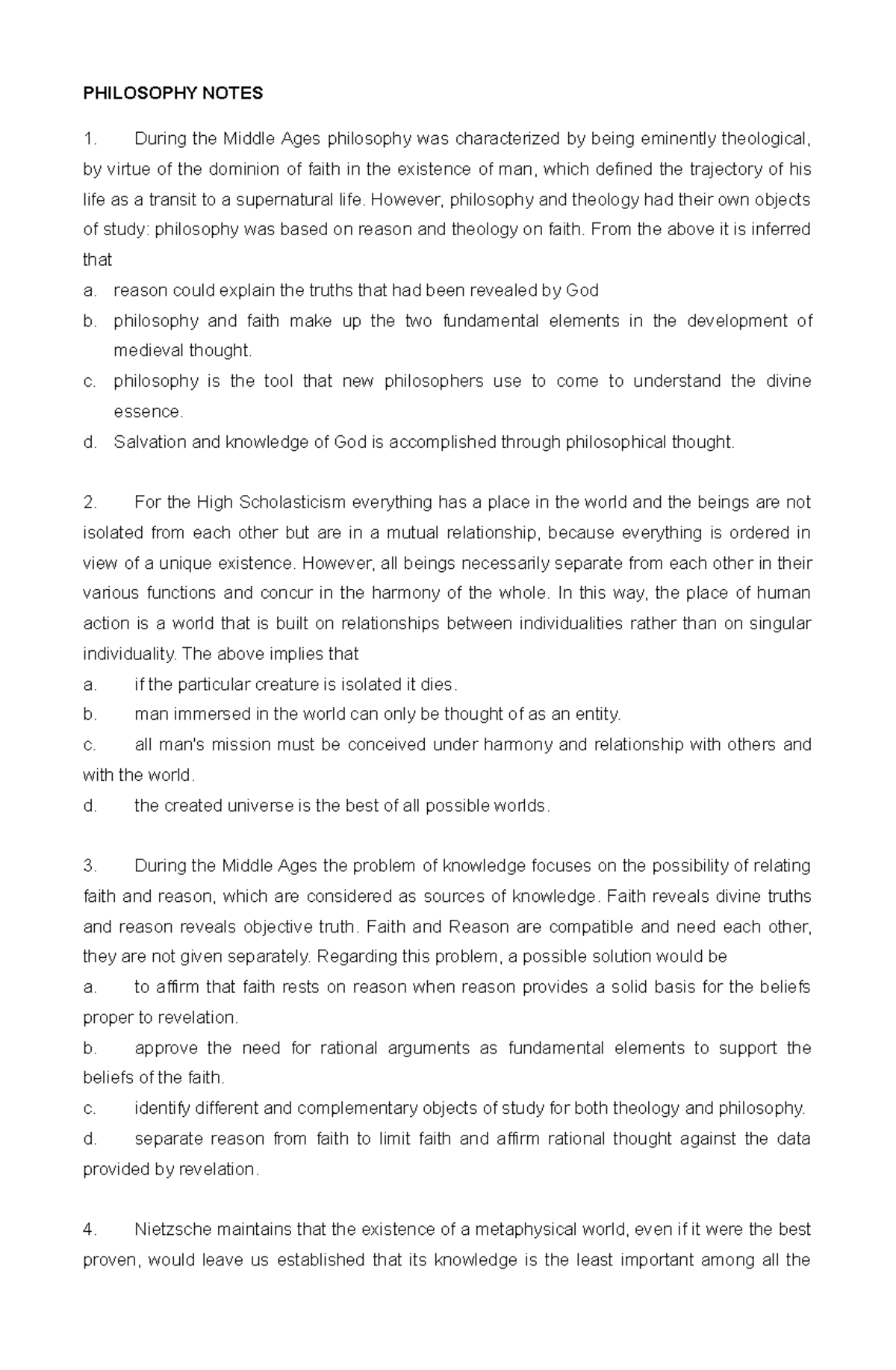 Philosophy Notes - PHILOSOPHY NOTES During the Middle Ages philosophy ...