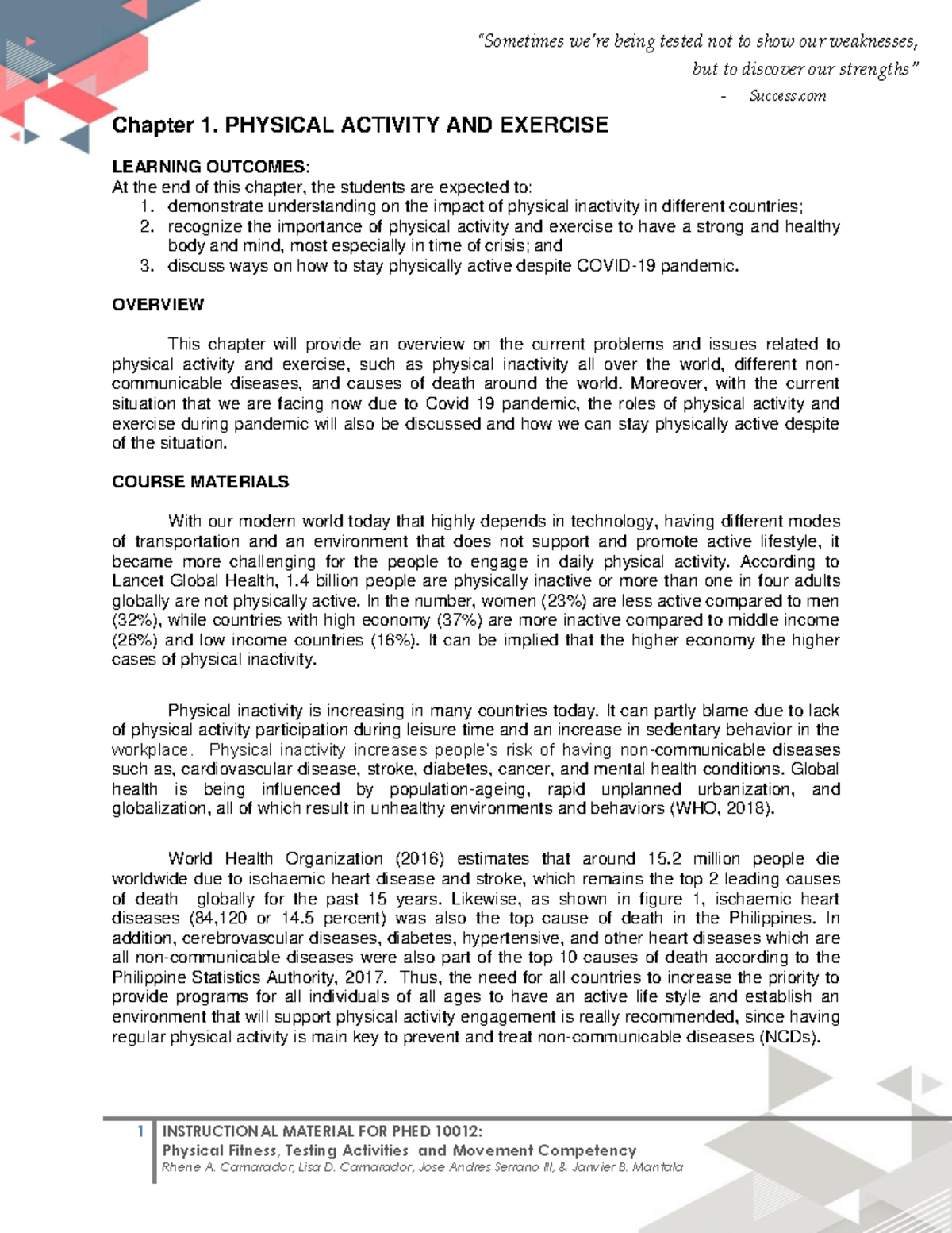 Module 1 Physical Activity AND Exercise - 1 INSTRUCTIONAL MATERIAL FOR ...