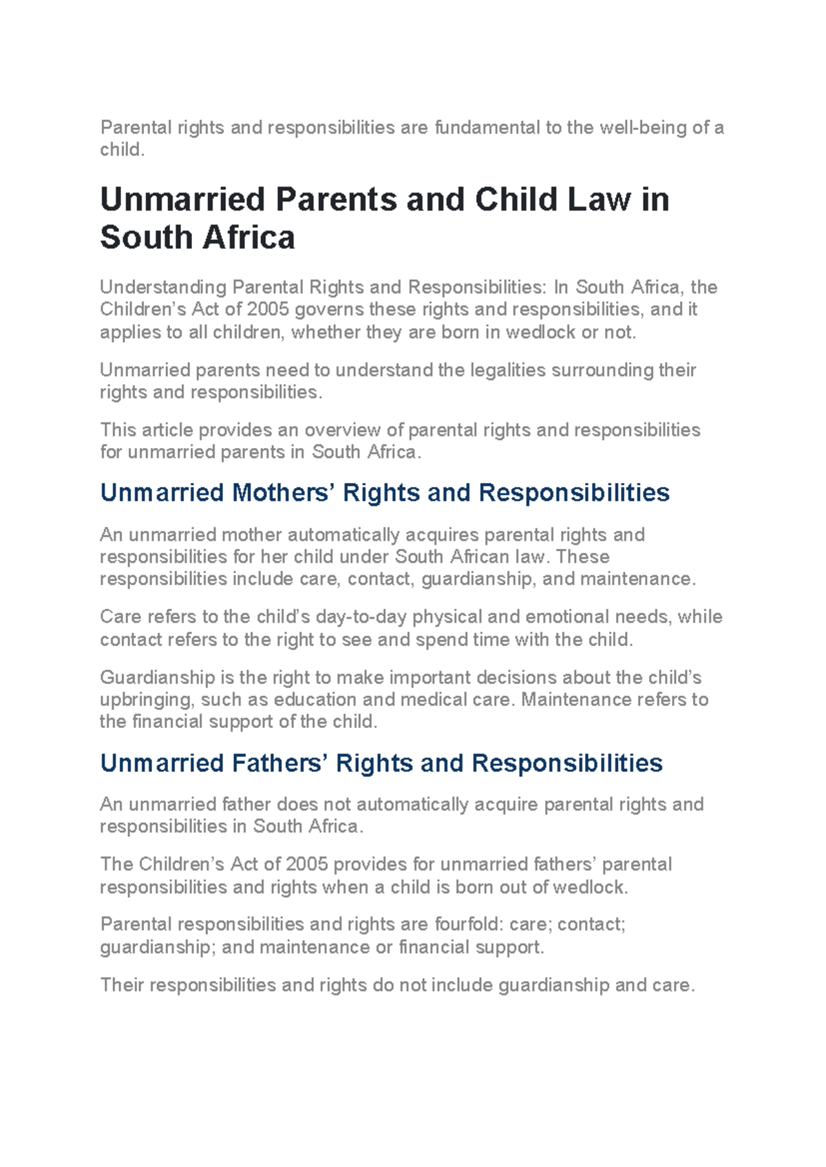Parental rights and responsibilities - Unmarried Parents and Child Law ...