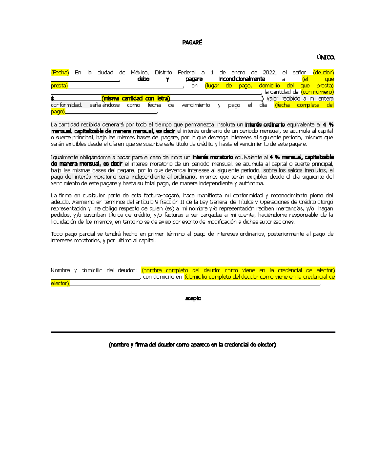 Formato PARA Pagaré - PAGARÉ ÚNICO. (Fecha) En la ciudad de México ...