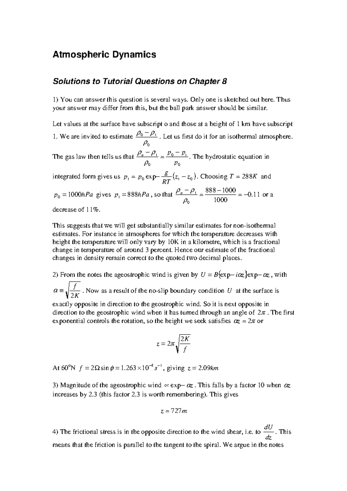 Tutorial 08 Solutions Chapter 08 Atmospheric Dynamics Solutions To Tutorial Questions On