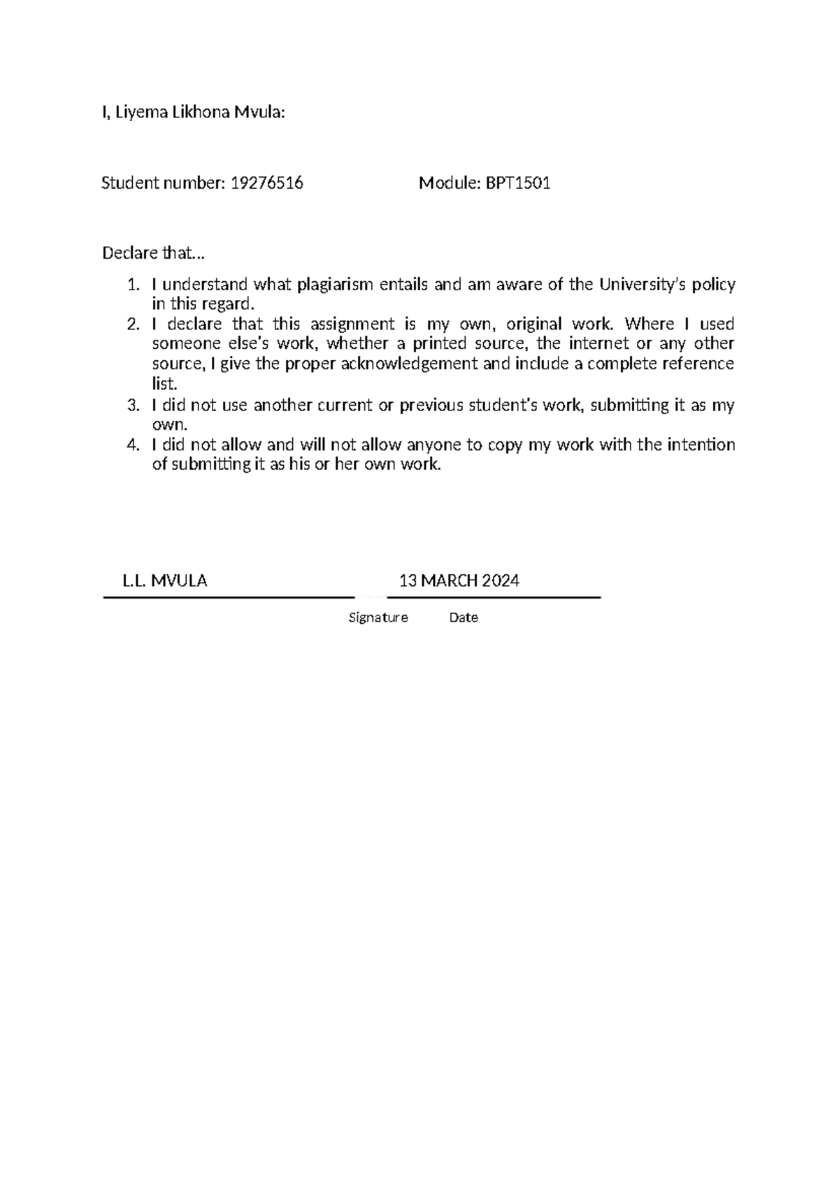 BPT Declaration Form - MBTKN - L. MVULA 13 MARCH 2024 I, Liyema Likhona ...