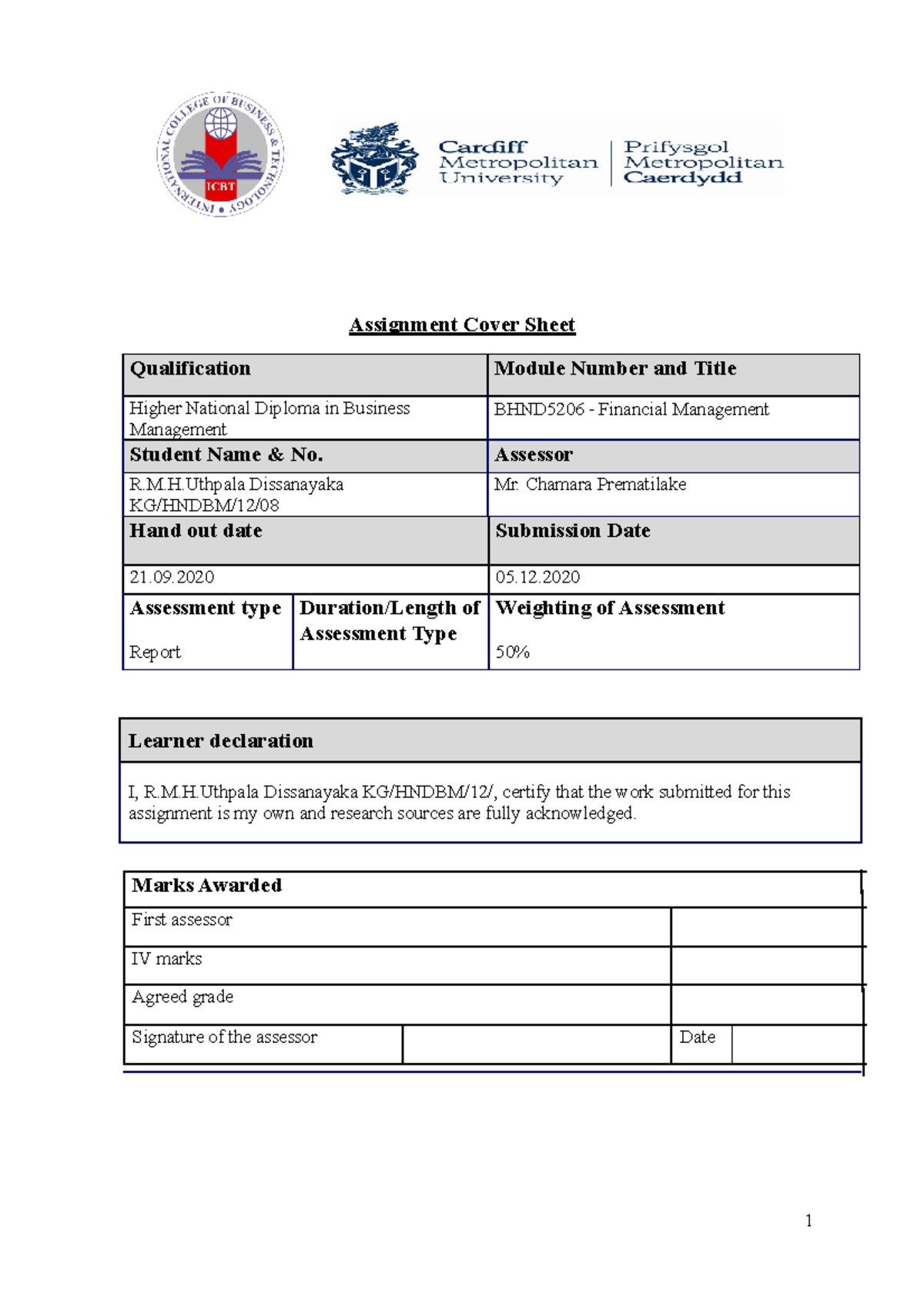 Financial Management - Assignment 01 - Assignment Cover Sheet ...