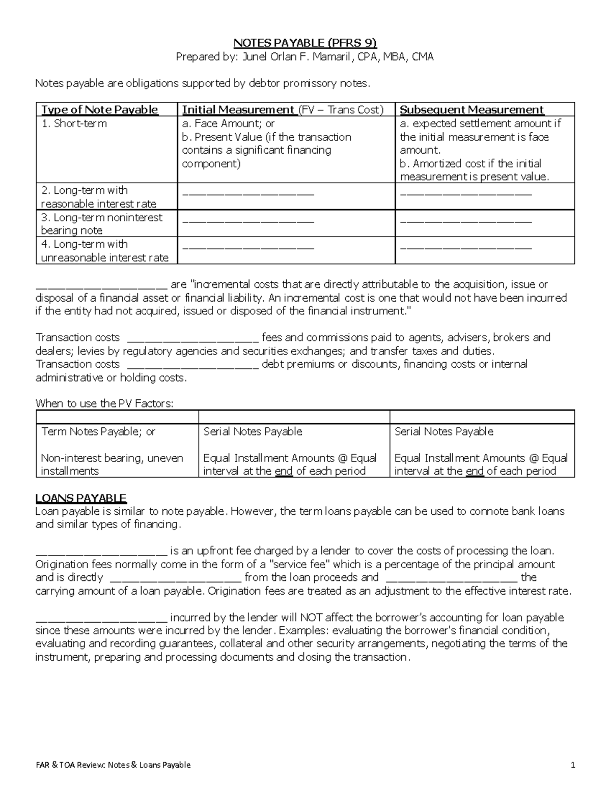 Q HO Notes Loans Payable - FAR & TOA Review: Notes & Loans Payable 1 ...