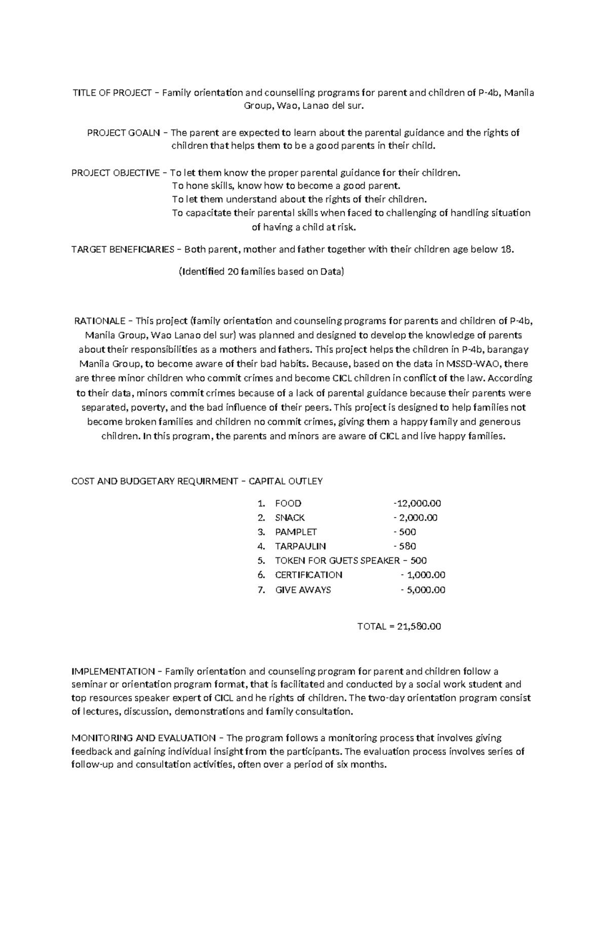 Project Proposal - dddd - TITLE OF PROJECT – Family orientation and ...