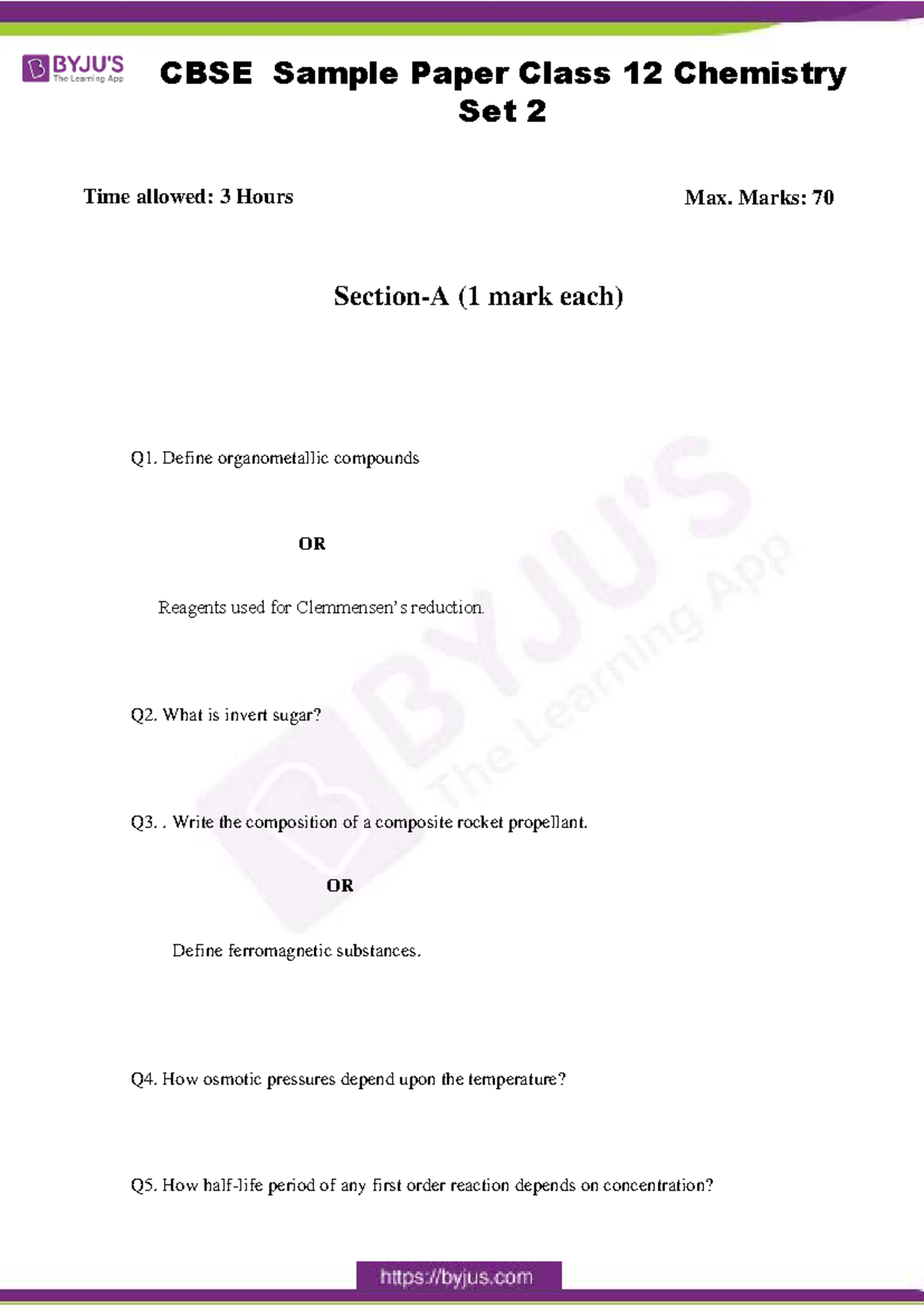 CBSE Sample Paper Class 12 Chemistry Set 2 - Time allowed: 3 Hours Max. Marks: 70 Section-A (1 ...