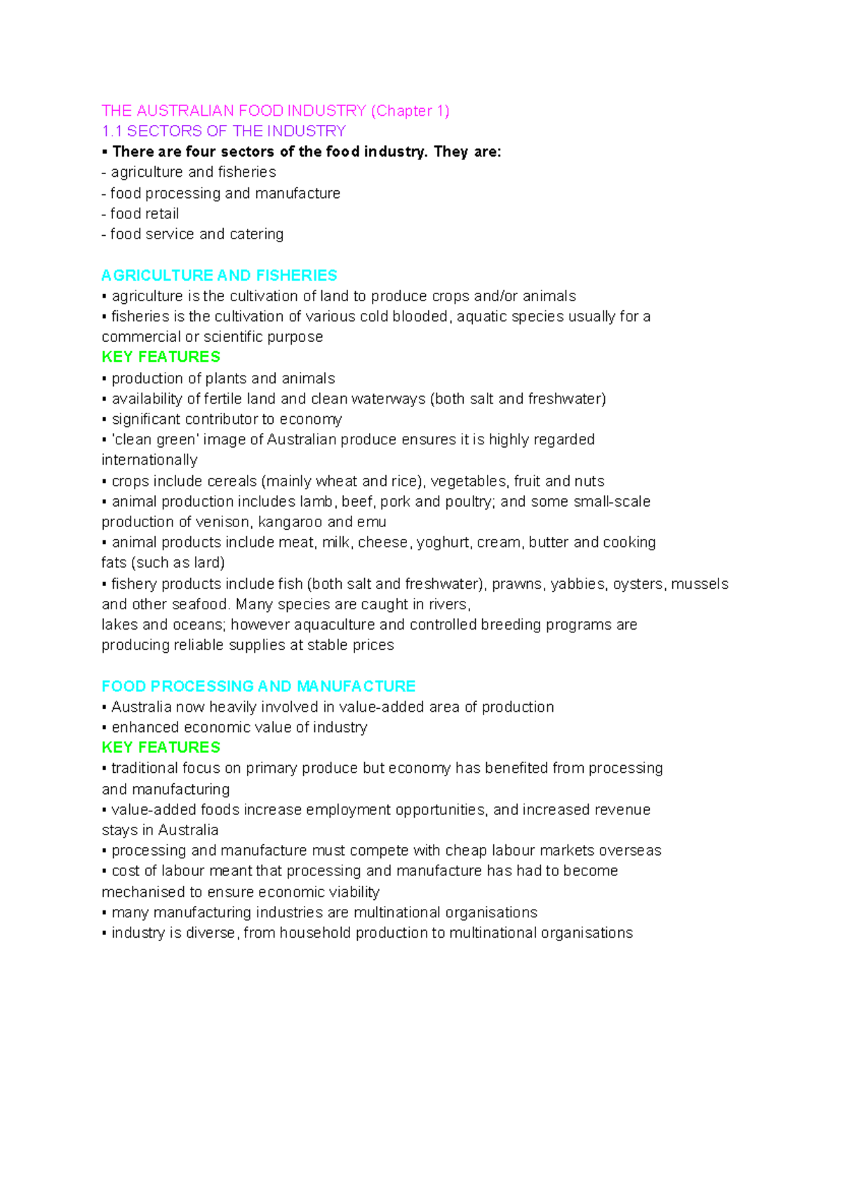Year 12 food tech notes - THE AUSTRALIAN FOOD INDUSTRY (Chapter 1) 1 ...