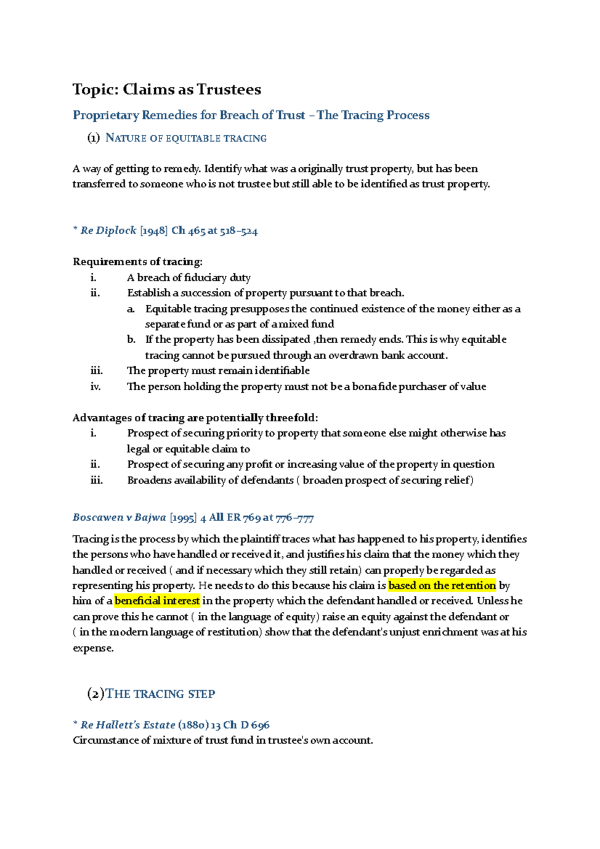 Claims as Trustees- Tracing Process - Topic: Claims as Trustees ...