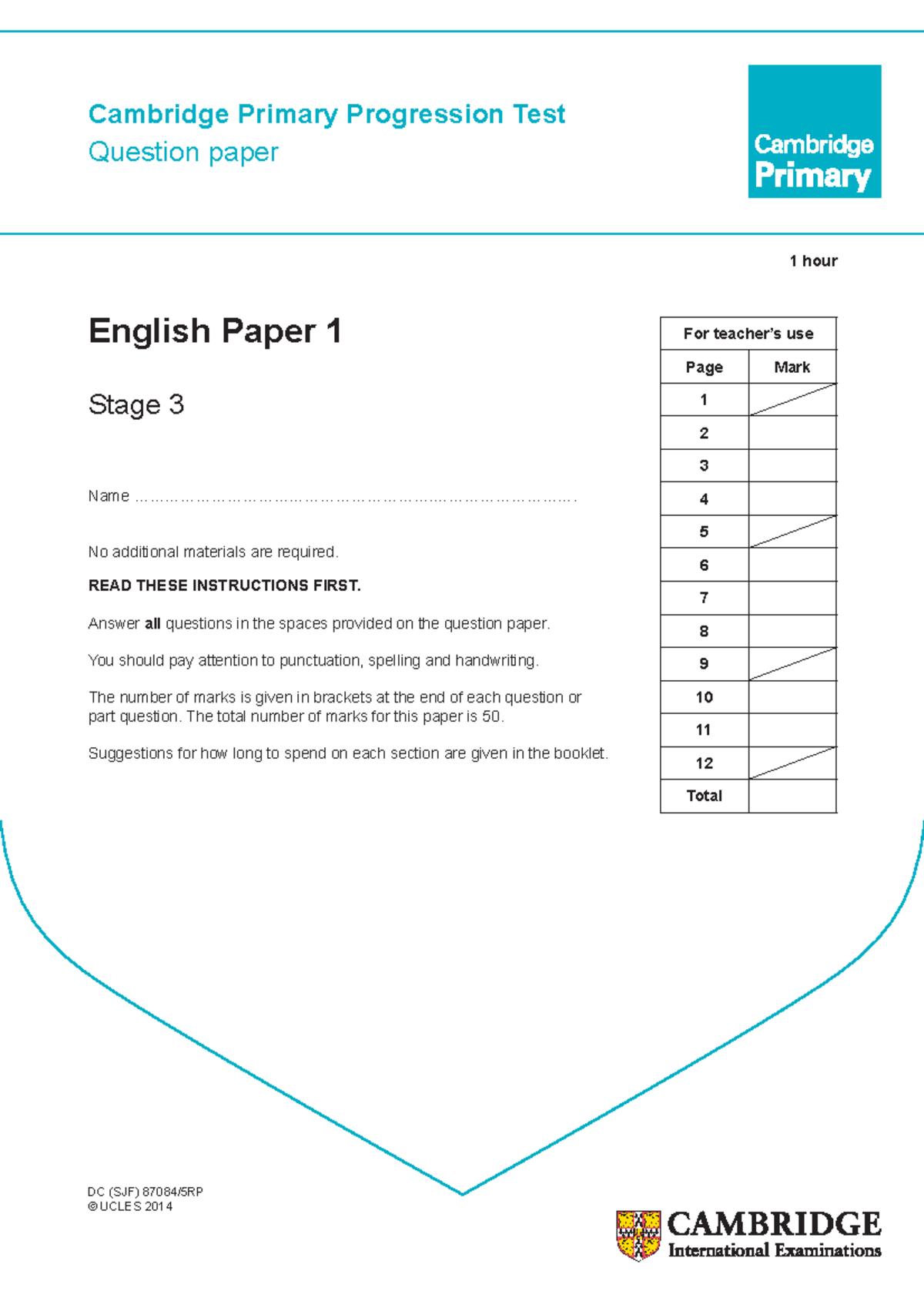 Cambridge Primary Progression Test - Stage 3 English 2014 Paper 1 ...