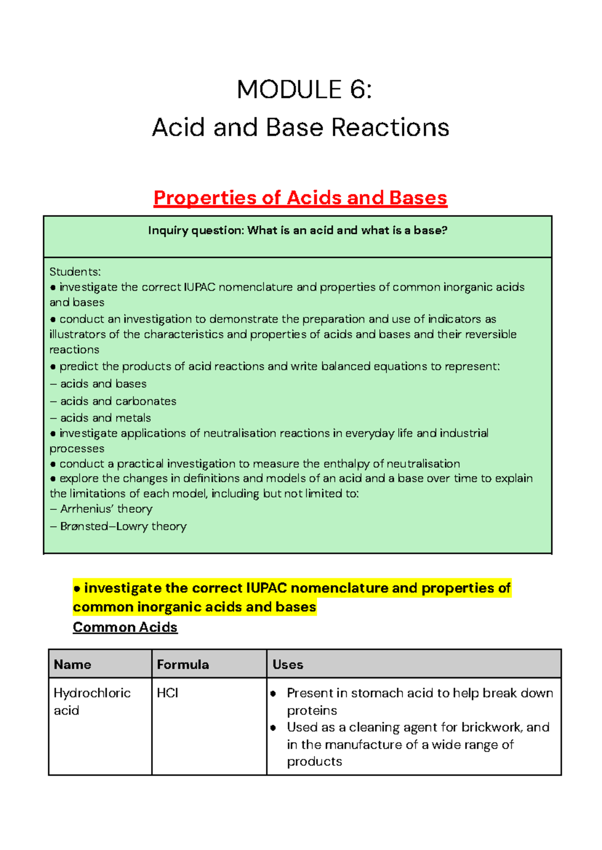 HSC Chemistry MOD 6 Notes - MODULE 6: Acid and Base Reactions ...