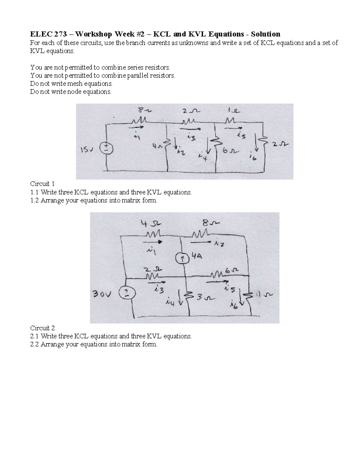 workshop 2 with solution - ELEC 273 – Workshop Week #2 – KCL and KVL ...