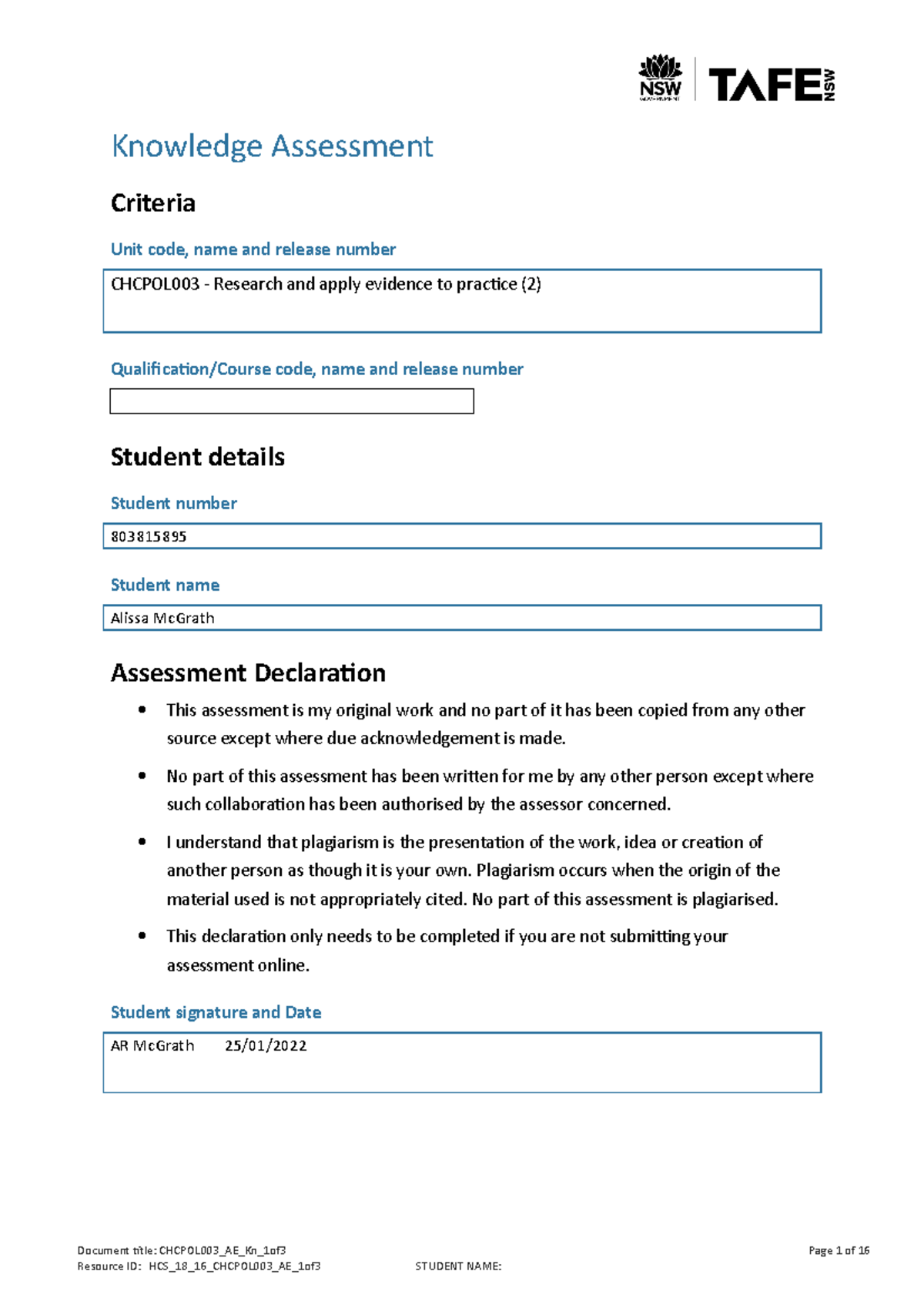 complete assessment - Knowledge Assessment Criteria Unit code, name and ...