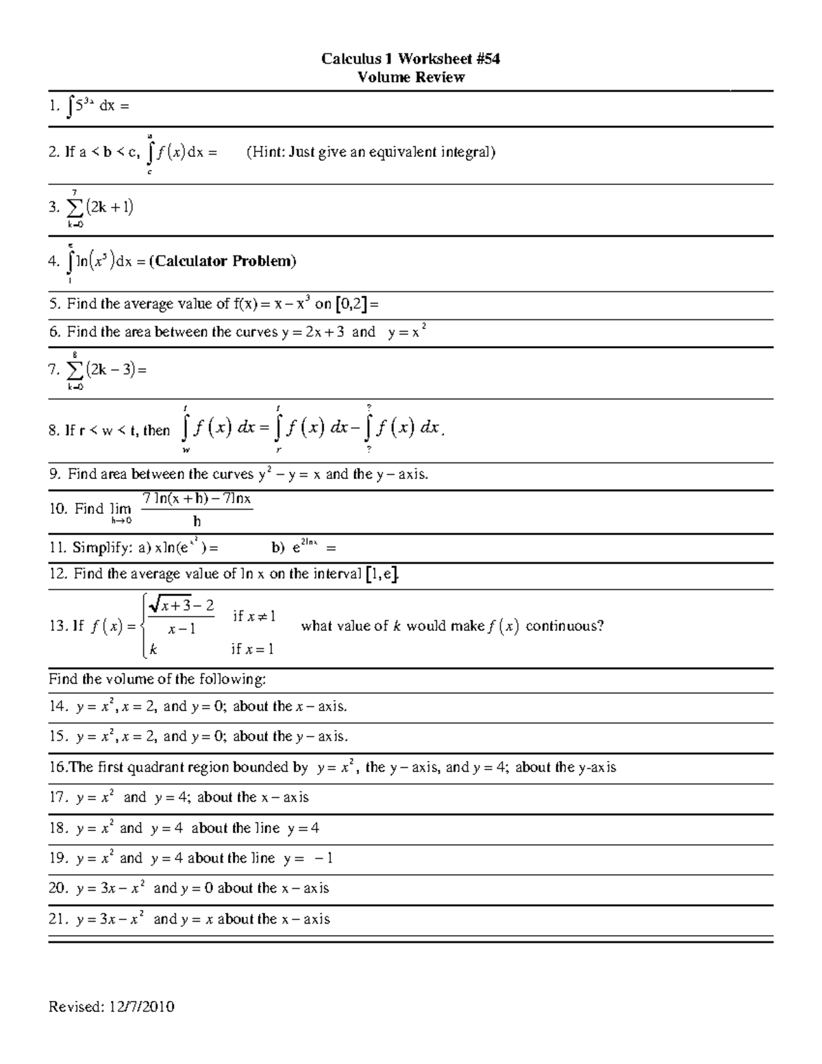 AB ws 054 Volumes Review - ####### Calculus 1 Worksheet ...