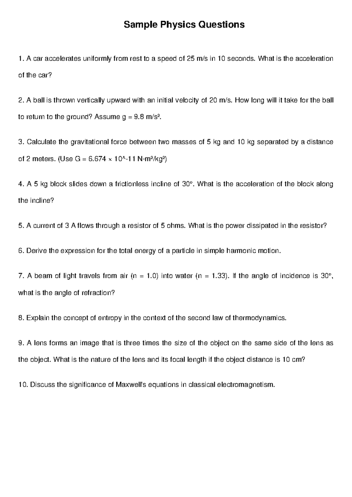 Sample Physics Questions Fixed - Sample Physics Questions A car ...