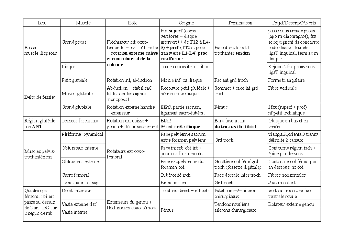 Muscles membre inf - Lieu Muscle Rôle Origine Terminaison Trajet ...