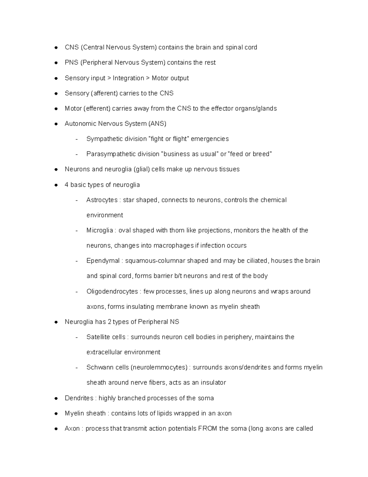 Chapter 11 notes - CNS (Central Nervous System) contains the brain and ...
